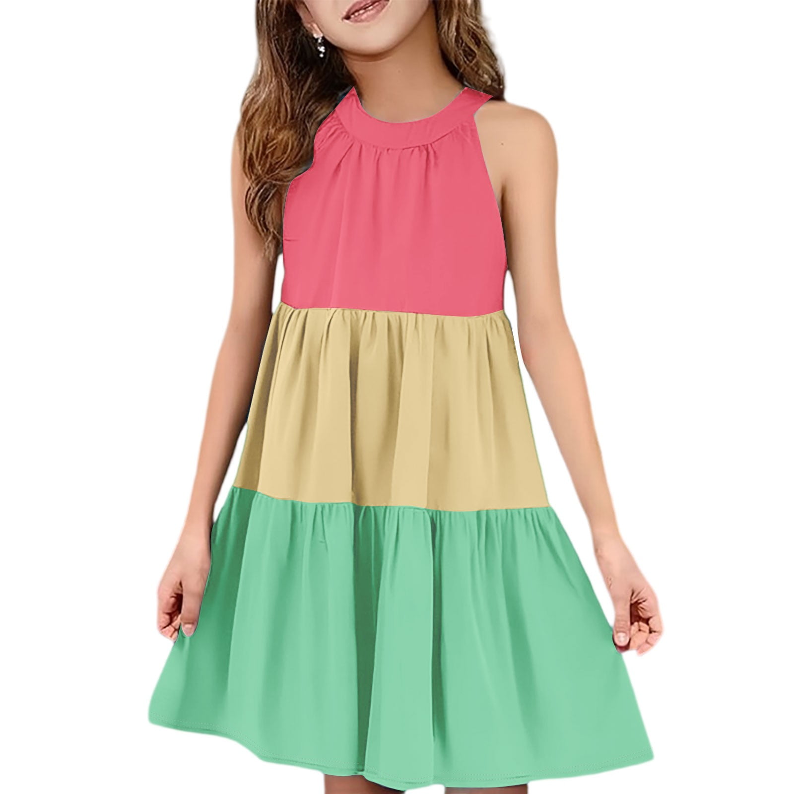 Abcomgle Girls Sleeveless Dresses Colorblock Halter Neck Sleeveless ...