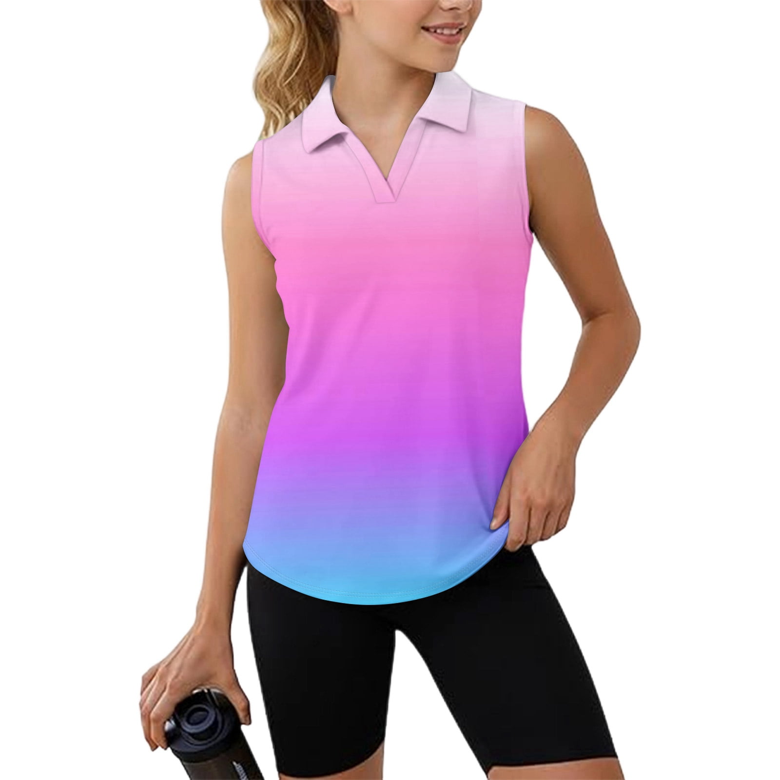 Abcomgle Girls Sleeveless Polo Shirts Gradient V-Neck Collared Girls ...