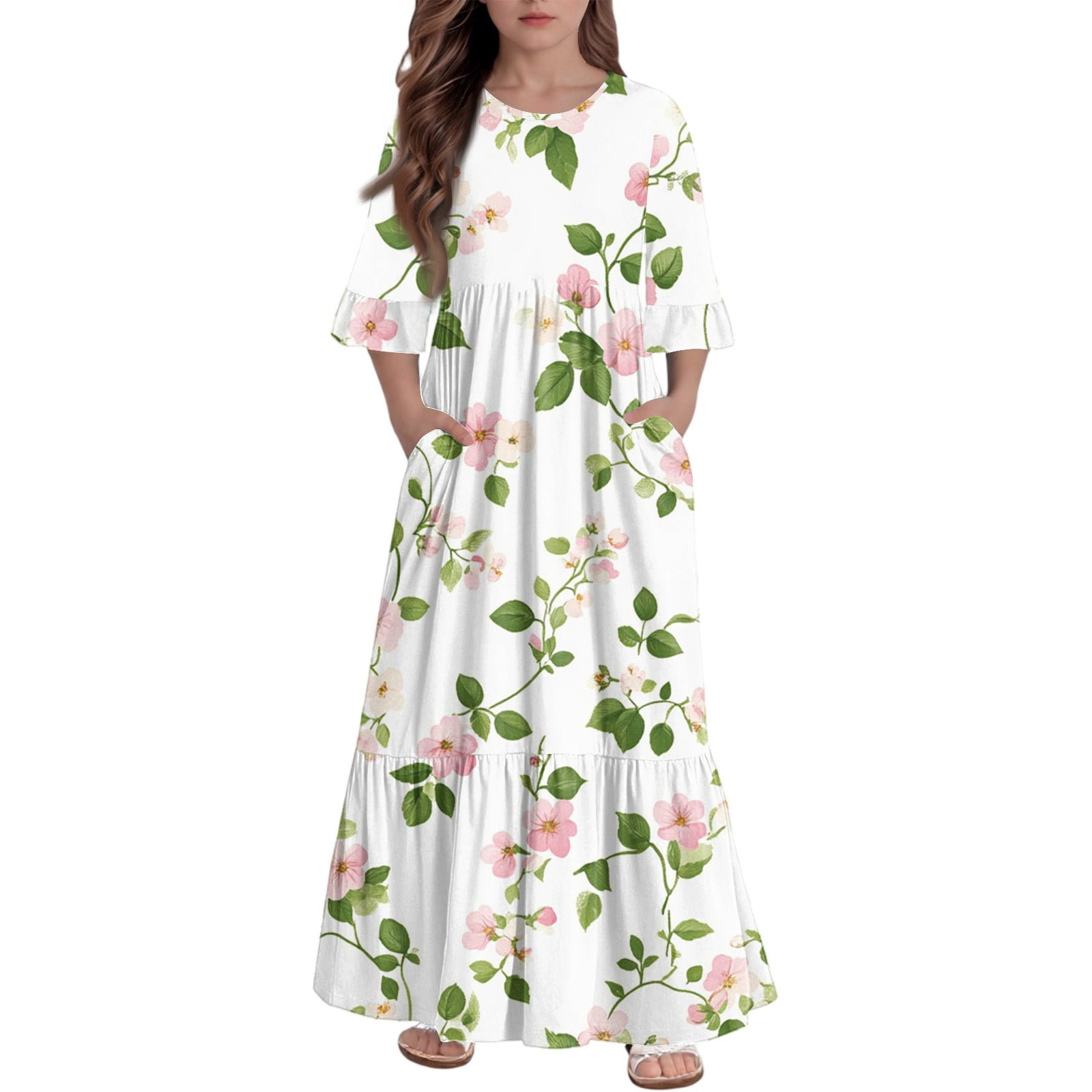 Abcomgle Girls Fall Dresses Kids Casual A-Line 3/4 Sleeve Maxi Dress ...