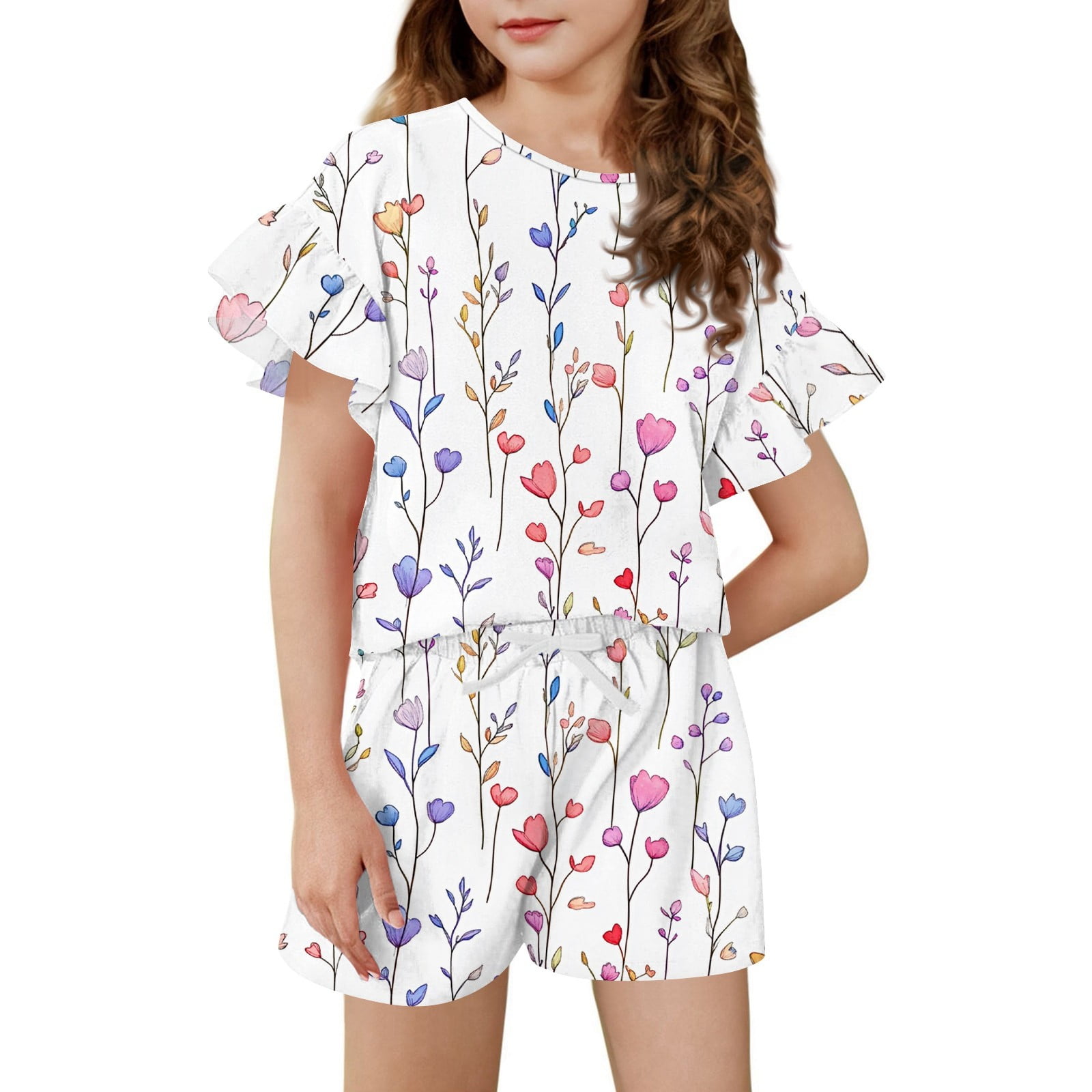 Abcomgle Girls Summer Outfits 14-16 Candy Graphic Ruffle Sleeve Shirts ...