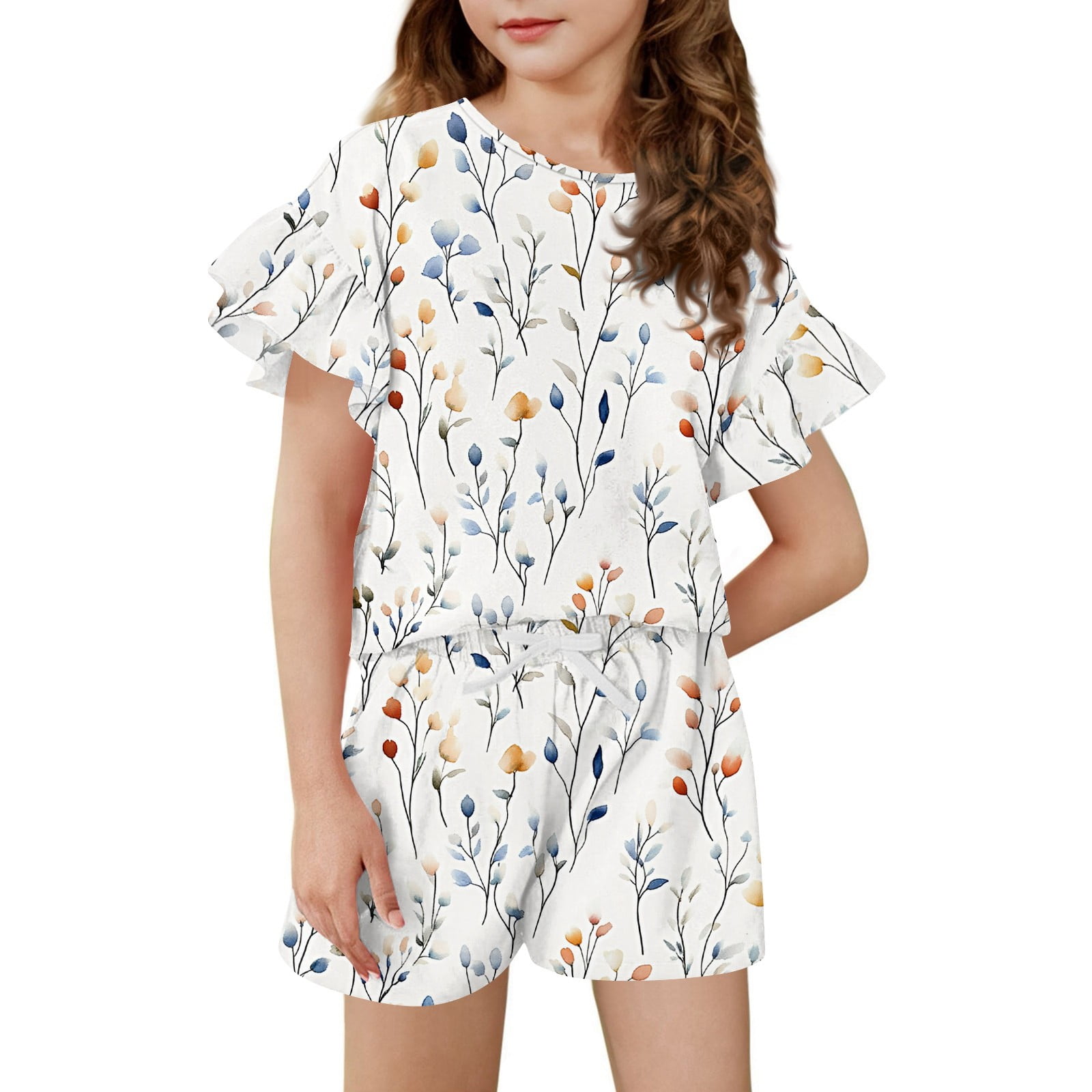 Abcomgle Girls Summer Outfits 14-16 Daisy Flower Ruffle Sleeve Tee Top ...