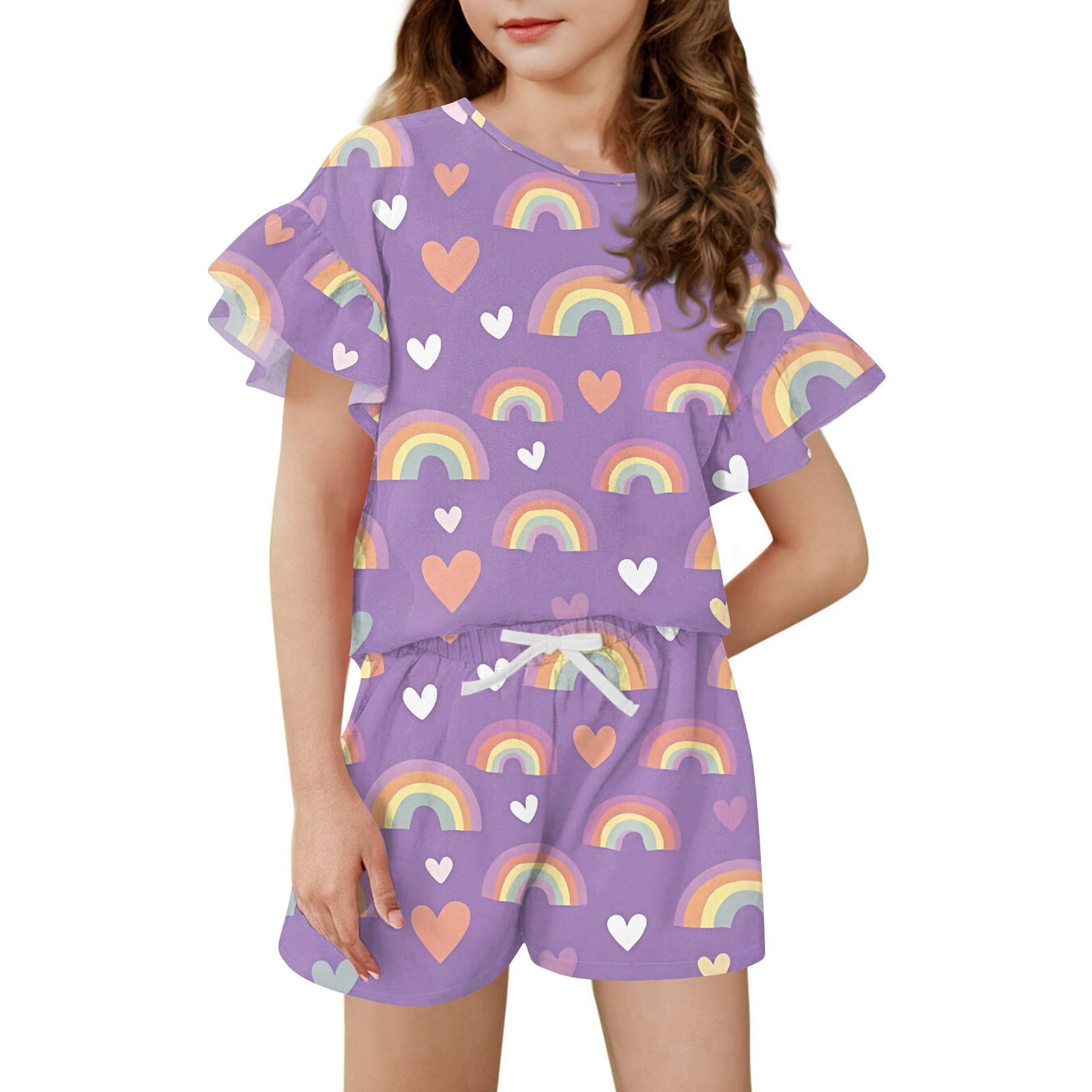 Abcomgle Girls Summer Outfits 14-16 Rainbow Graphic Ruffle Sleeve Tee ...