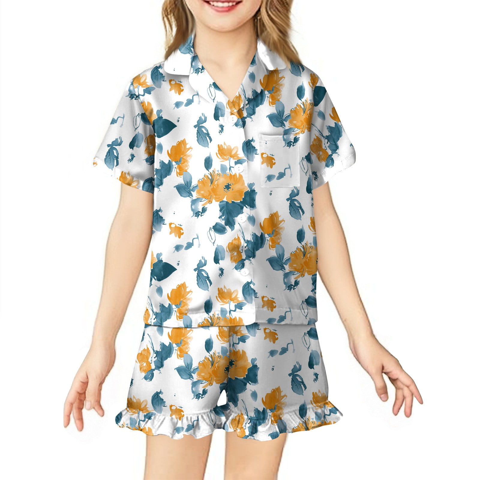 Abcomgle Girls Summer Pajamas 14-16 Vintage Flower Print Kids Matching ...