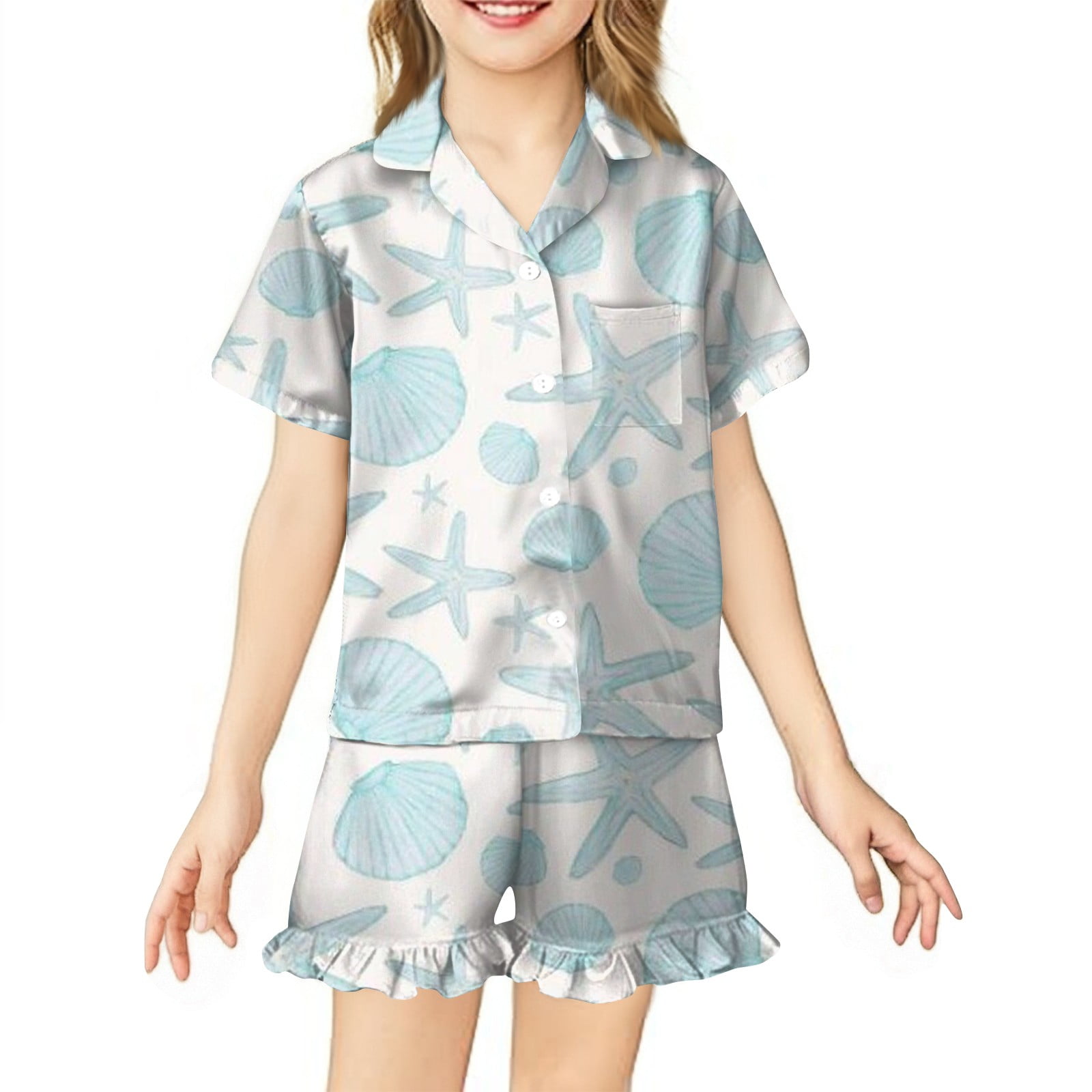 Abcomgle Girls Summer Pajamas 2 Piece Set Starfish & Shell Graphic Kids ...