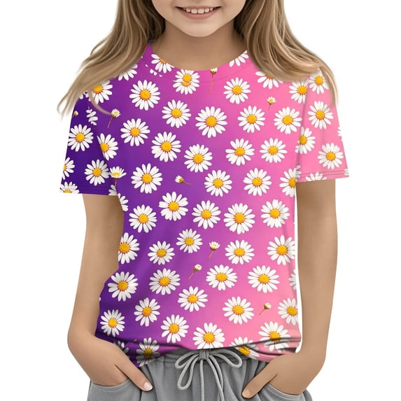 Abcomgle Girls Summer Tshirts 4-16 Crewneck Daisy Flower Print Girls ...