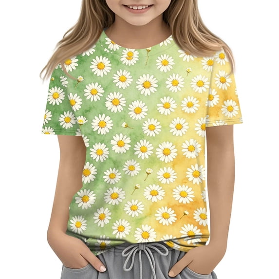 Abcomgle Girls Summer Tshirts 4-16 Crewneck Daisy Flower Print Tshirt ...