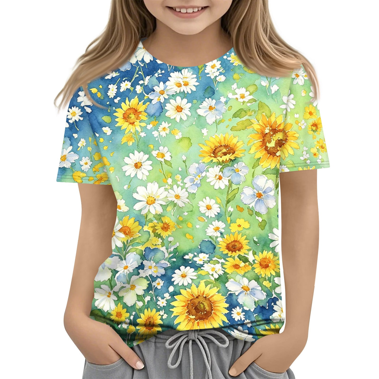 Abcomgle Girls Summer Tshirts 4-16 Crewneck Daisy Flower Sunflower ...