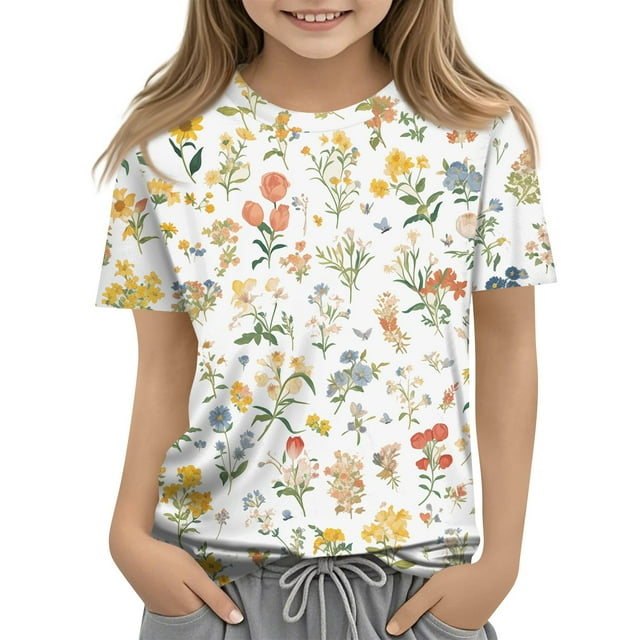 Abcomgle Girls Summer Tshirts 4-16 Crewneck Floral Print Tshirts ...