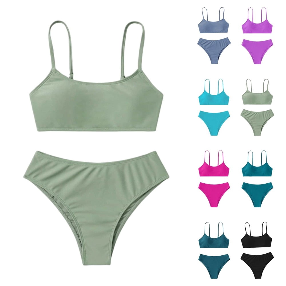Abcomgle Girls Swimsuit Two Piece Solid Spaghetti Strap Bikini Set For 6454