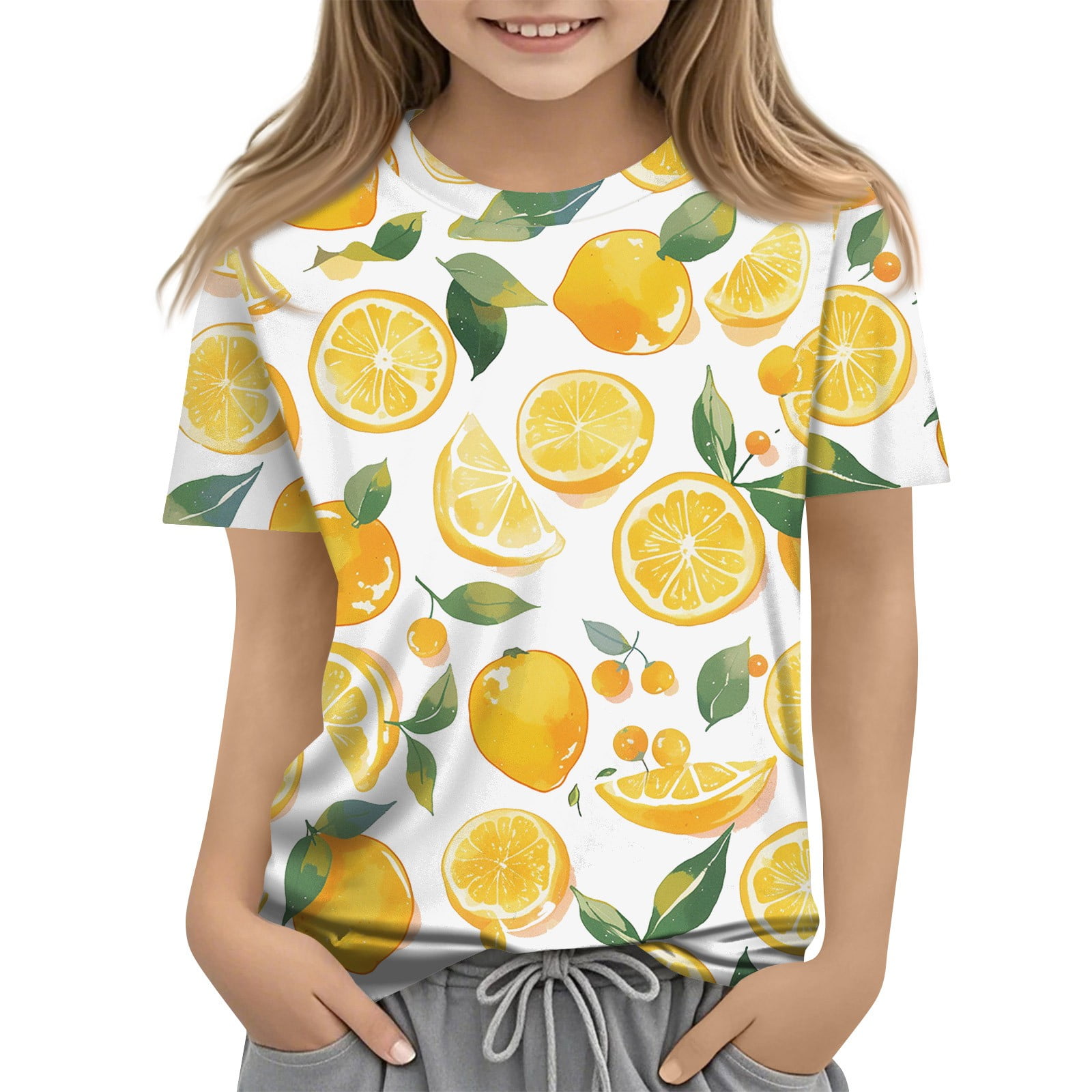Abcomgle Girls Tee Shirts 10-12 Crewneck Lemon Fruit Graphic Toddler ...