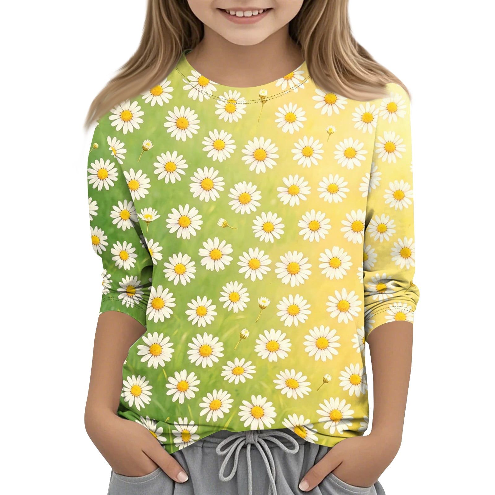 Abcomgle Girls Tee Shirts 7-16 Summer 3/4 Sleeve Girls Shirts Daisy ...