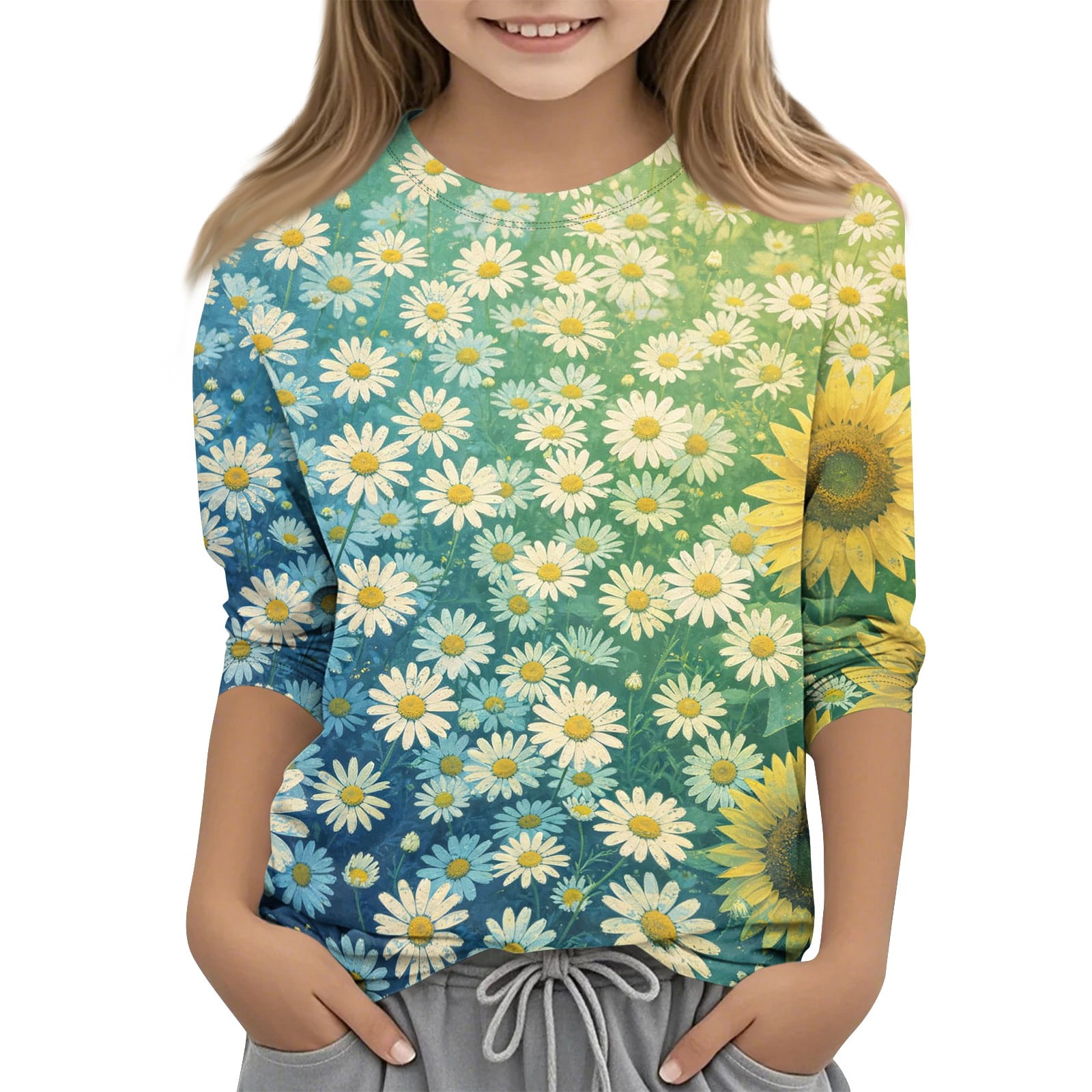 Abcomgle Girls Top 10-12 Crewneck Daisy Flower Sunflower Print Tshirts ...