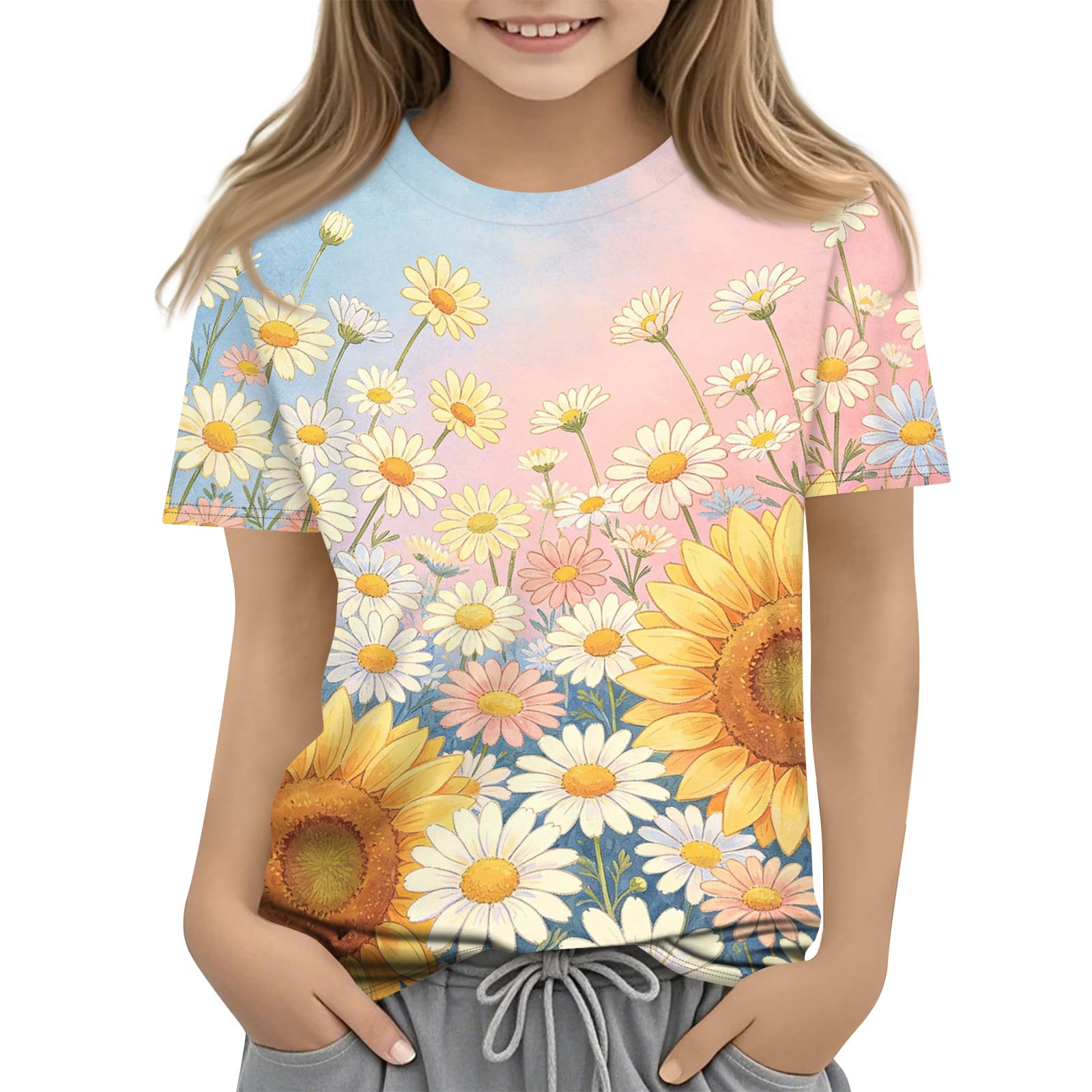 Abcomgle Girls Top 7-16 Crewneck Daisy Flower Sunflower Print Toddler ...