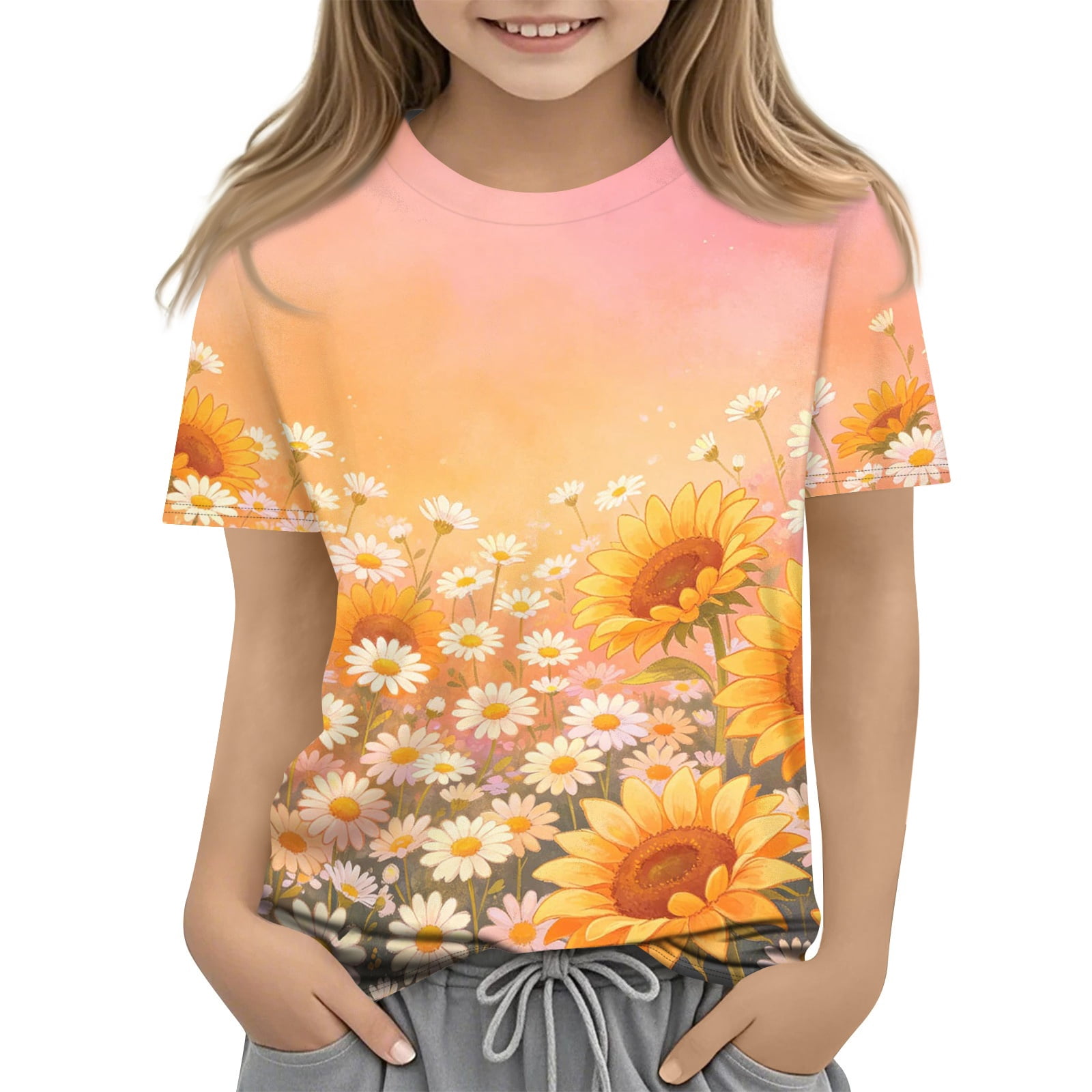 Abcomgle Girls Tshirts 6-7 Years Old Crewneck Daisy Sunflower Print ...