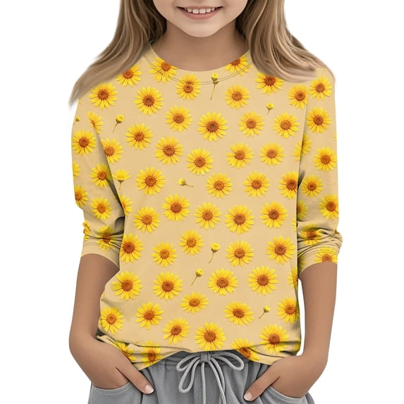 Abcomgle Girls Tshirts 6-7 Years Old Crewneck Yellow Daisy Flower Print ...