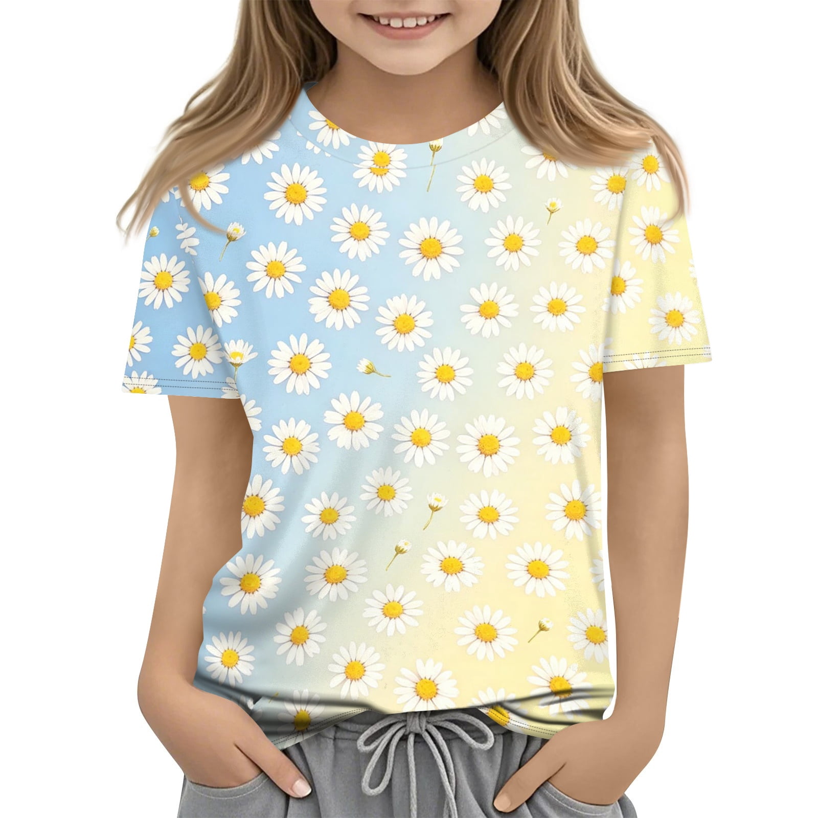 Abcomgle Girls Tshirts 7-8 Years Old Crewneck Daisy Flower Print Tshirt ...