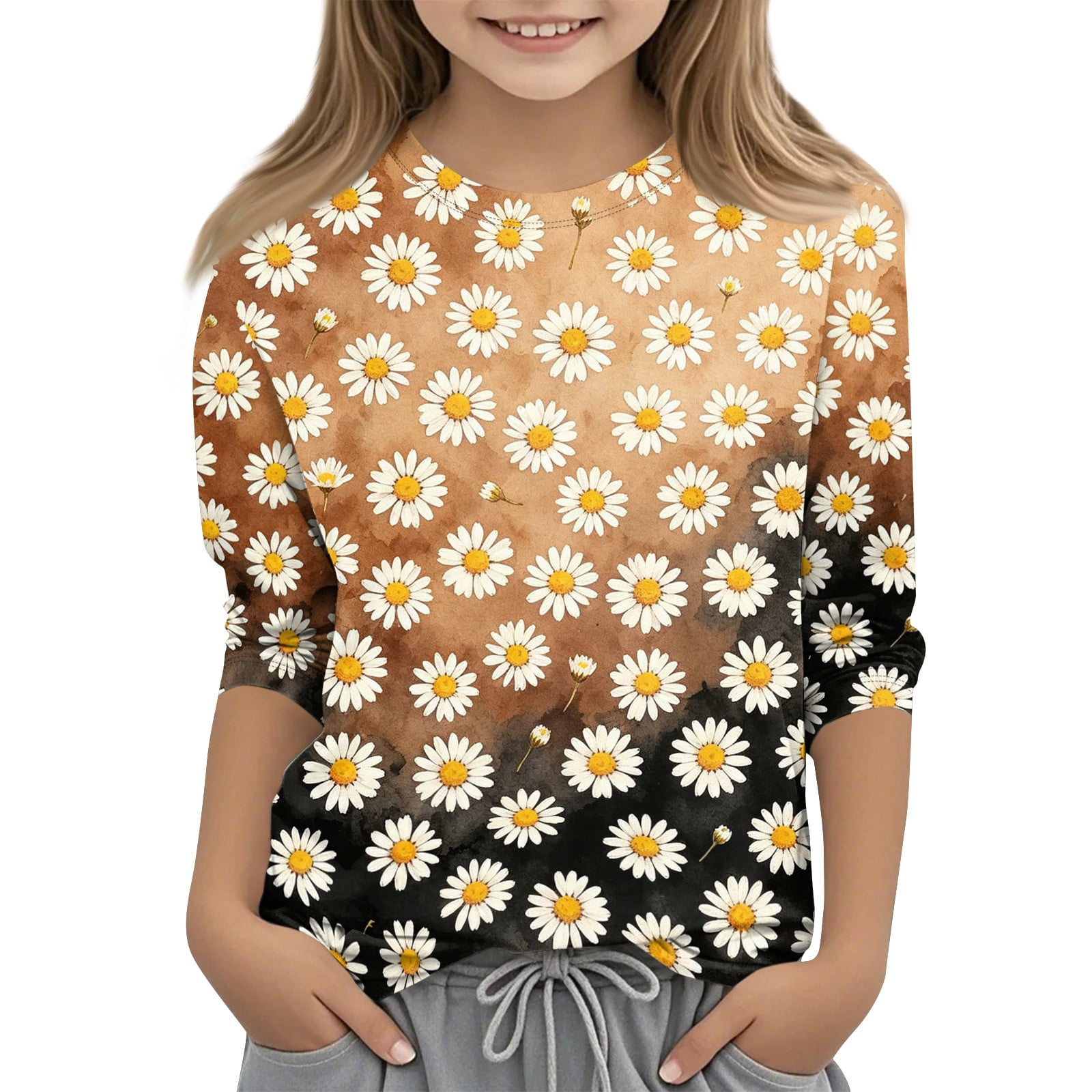 Abcomgle Girls Tshirts 7-8 Years Old Crewneck Daisy Flower Print ...
