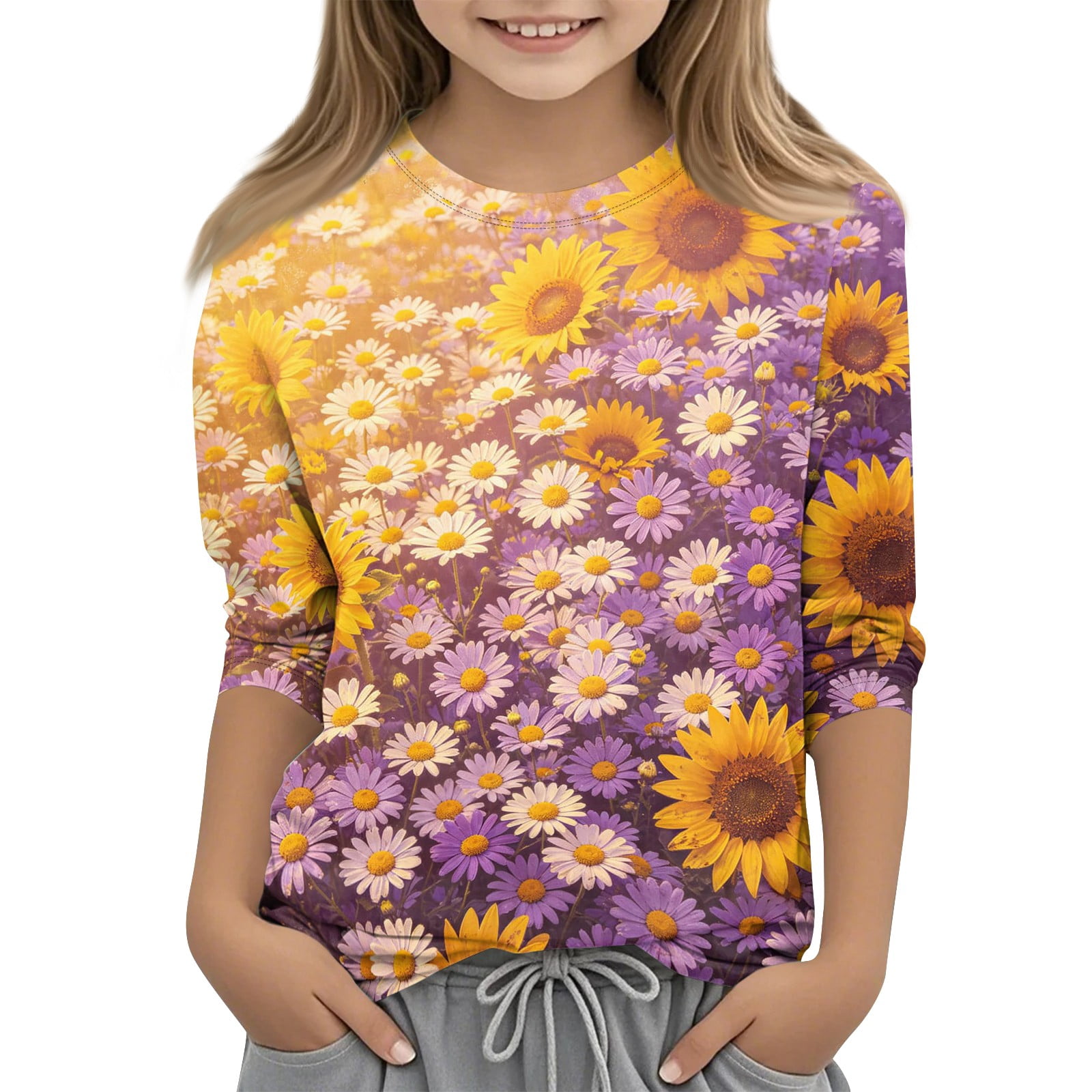 Abcomgle Girls Tshirts 8-10 Years Old Crewneck Daisy Flower Sunflower ...
