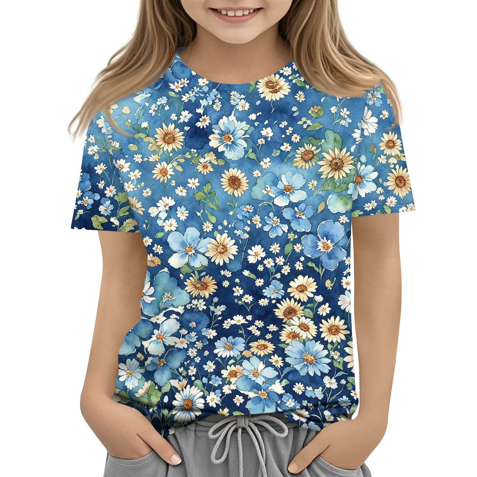 Abcomgle Girls Tshirts Crewneck Blue Daisy Flower Print Tshirt Short ...