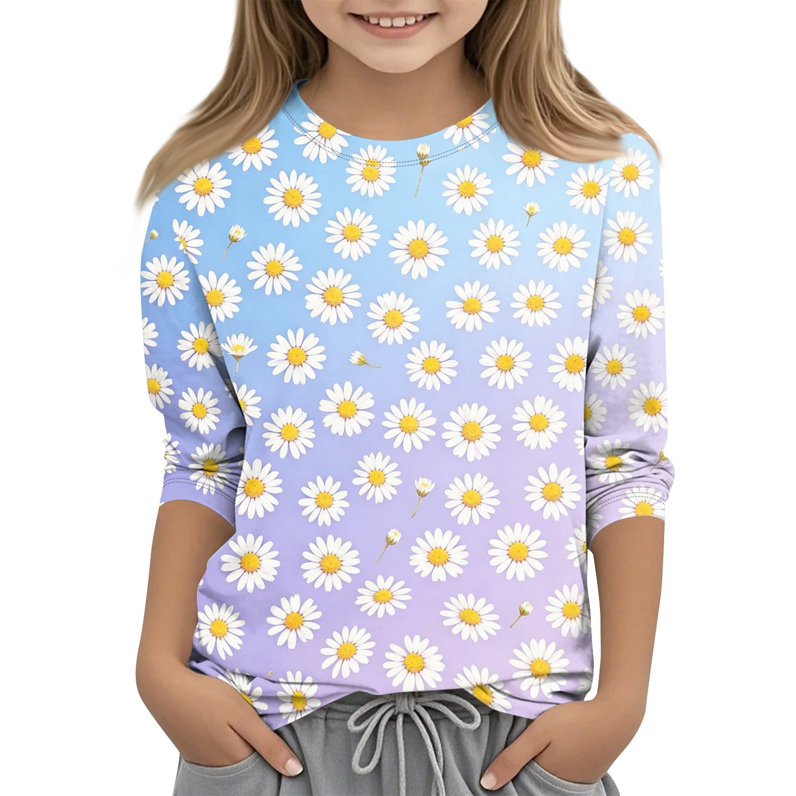 Abcomgle Girls Tshirts Summer 3/4 Sleeve Girls Shirts Daisy Flower ...