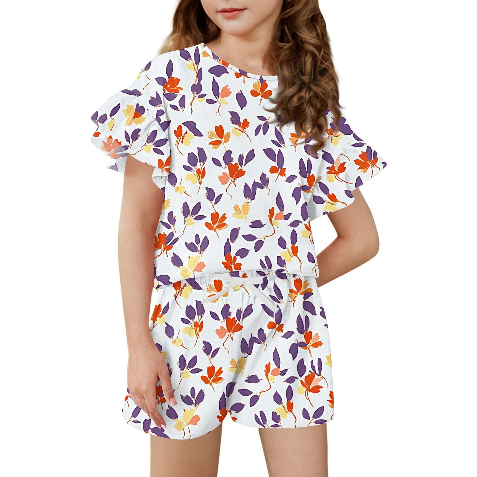Abcomgle Girls Two Piece Sets 10 -12 Vintage Floral Ruffle Sleeve T ...