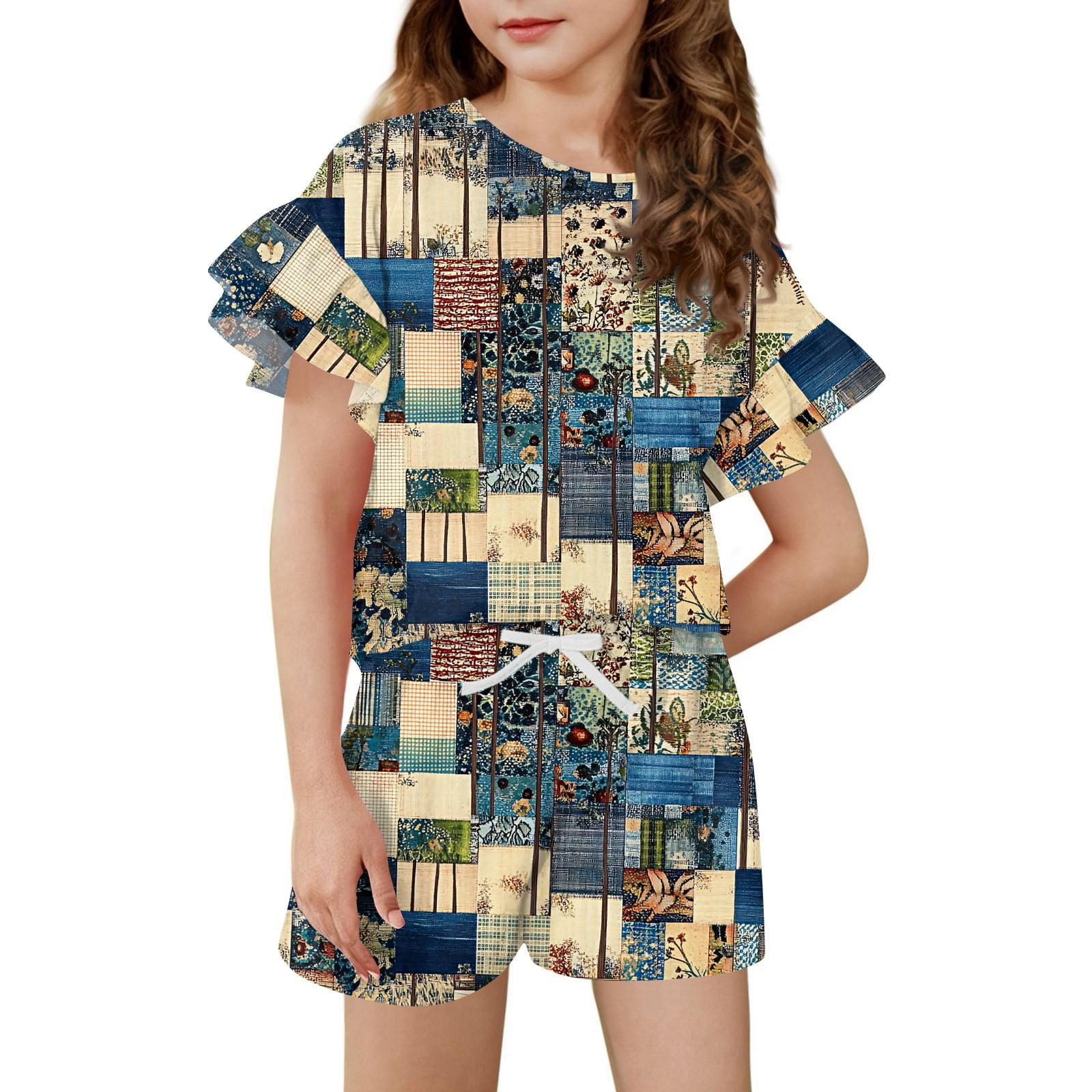 Abcomgle Girls Two Piece Sets Size 7-8 Bownot Graphic Ruffle Sleeve ...