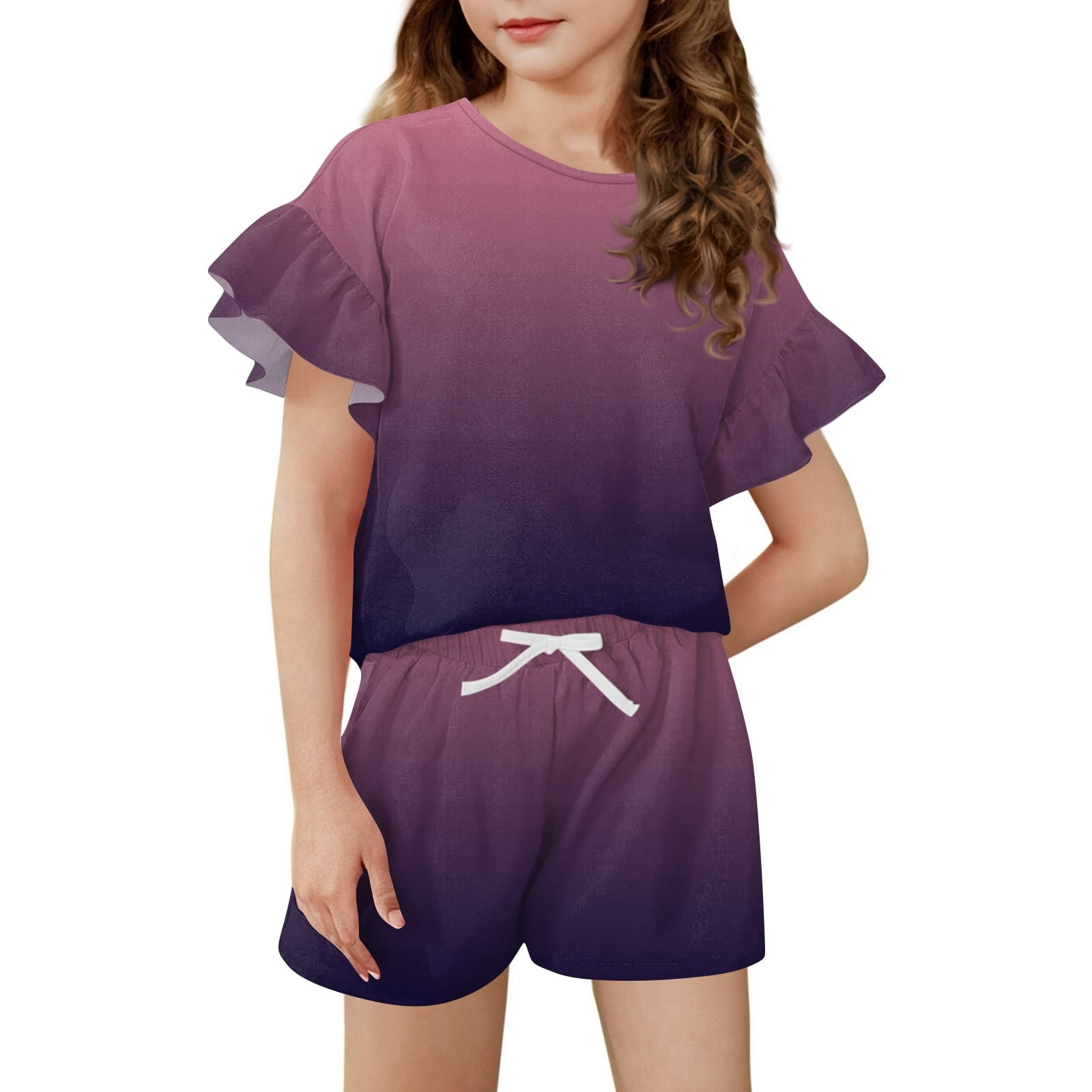 Abcomgle Girls Two Piece Sets Size 7-8 Gradient Ruffle Sleeve Shirts ...