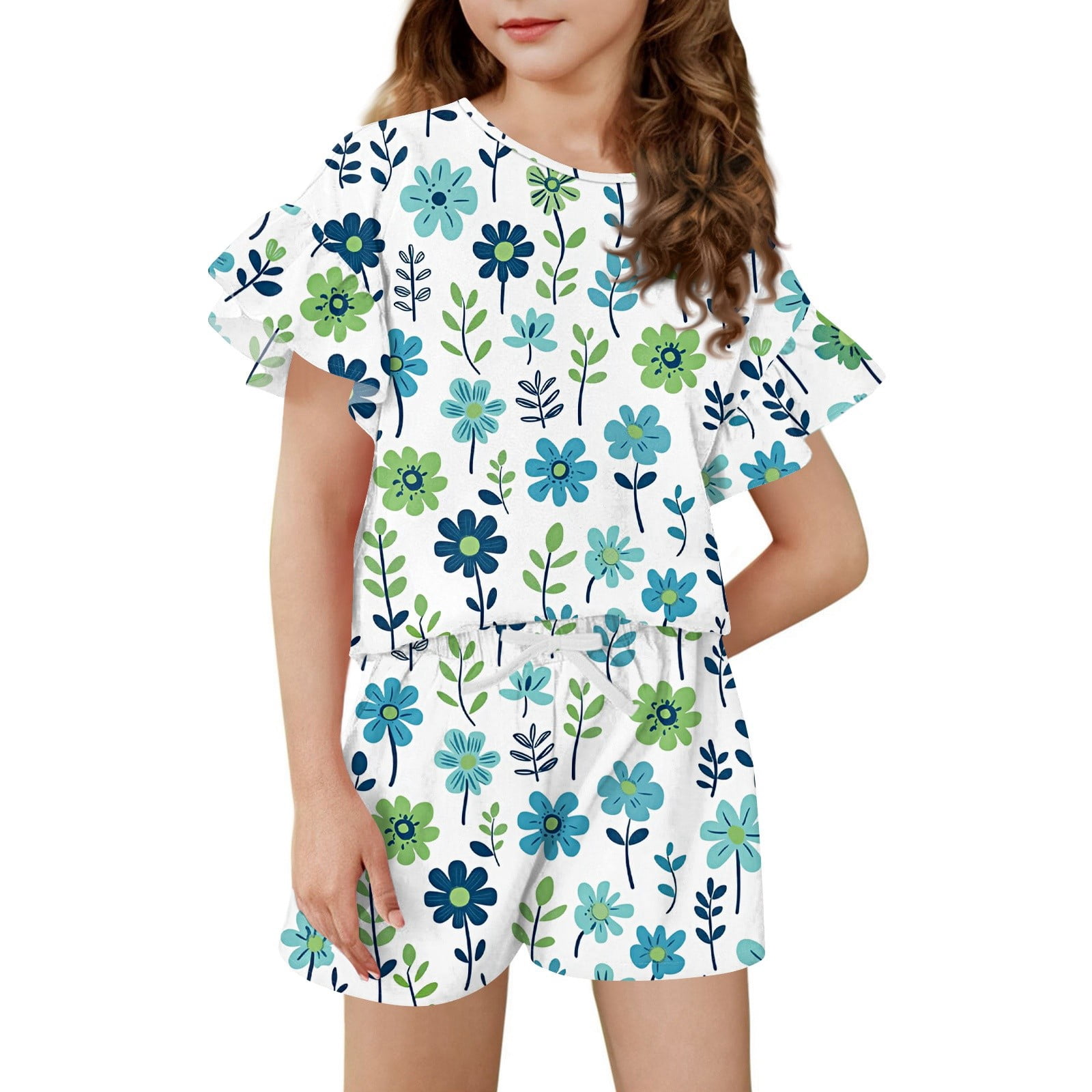 Abcomgle Girls Two Piece Sets for Tween Girls Floral Print Ruffle ...