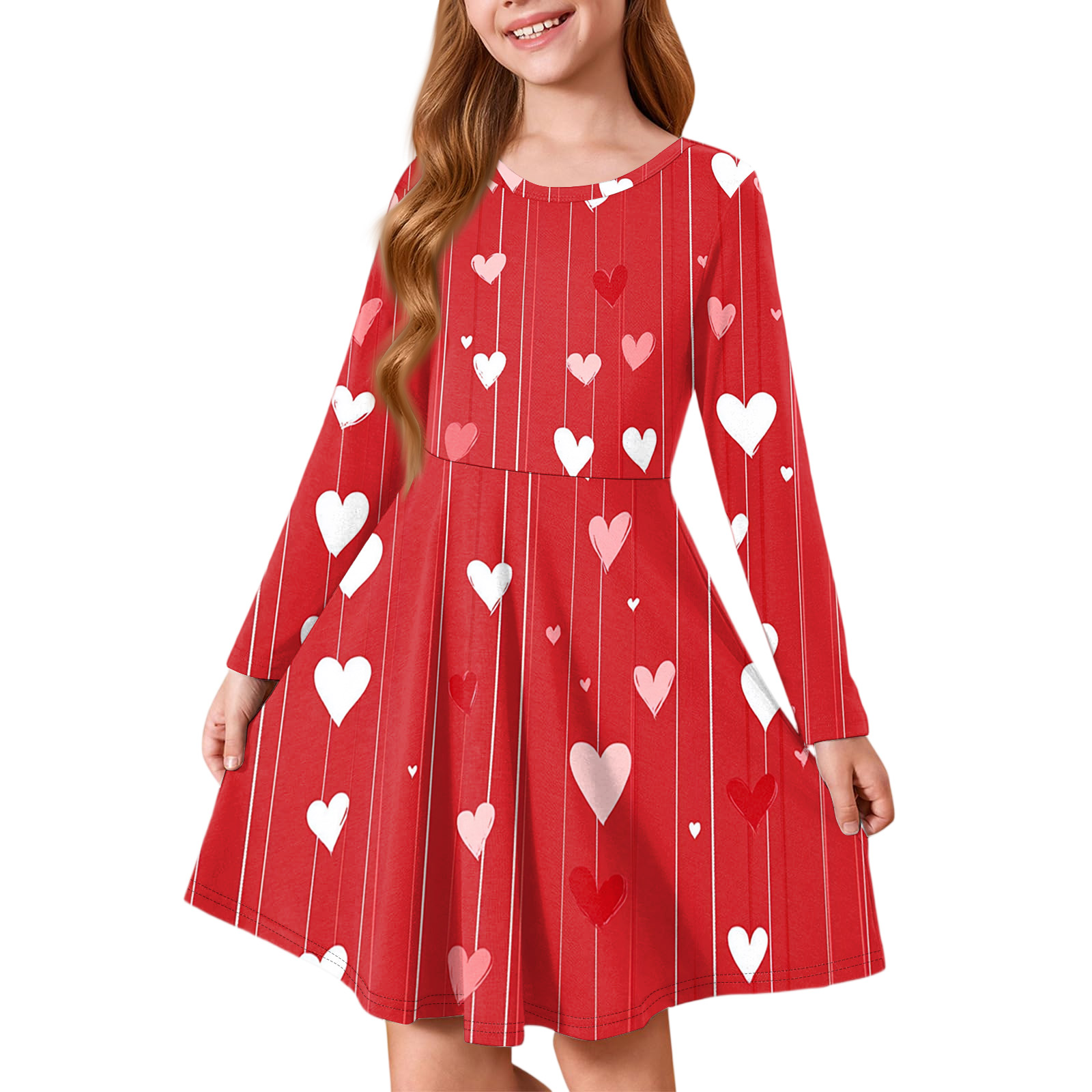 Abcomgle Girls Valentines Dresses 7-8 Cute A-Line Long Sleeve Midi ...