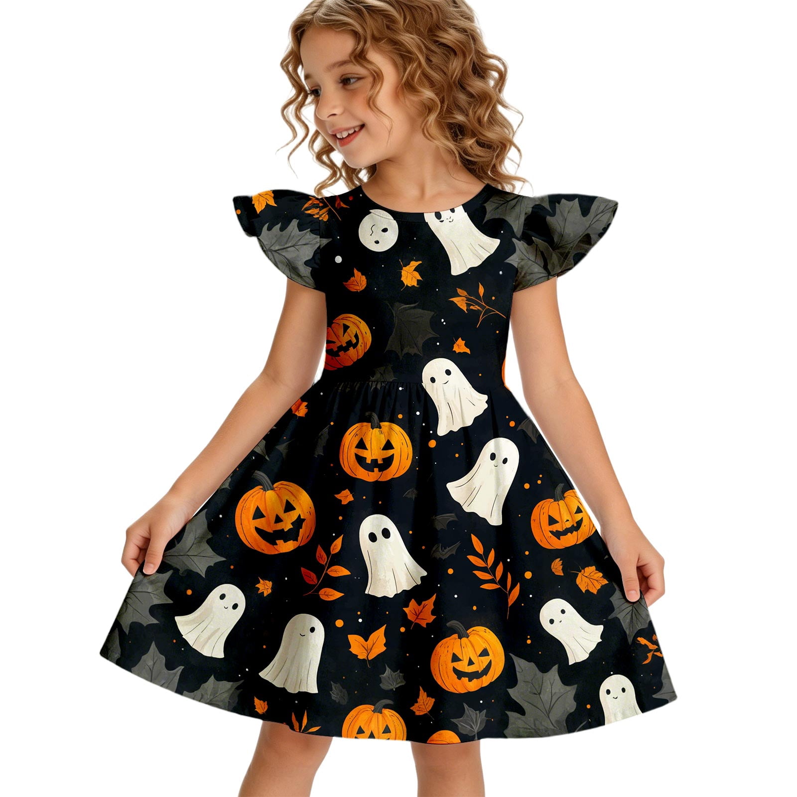 Abcomgle Halloween Dress for Kids Girls Spooky Ghost Pumpkin Maple Leaf ...