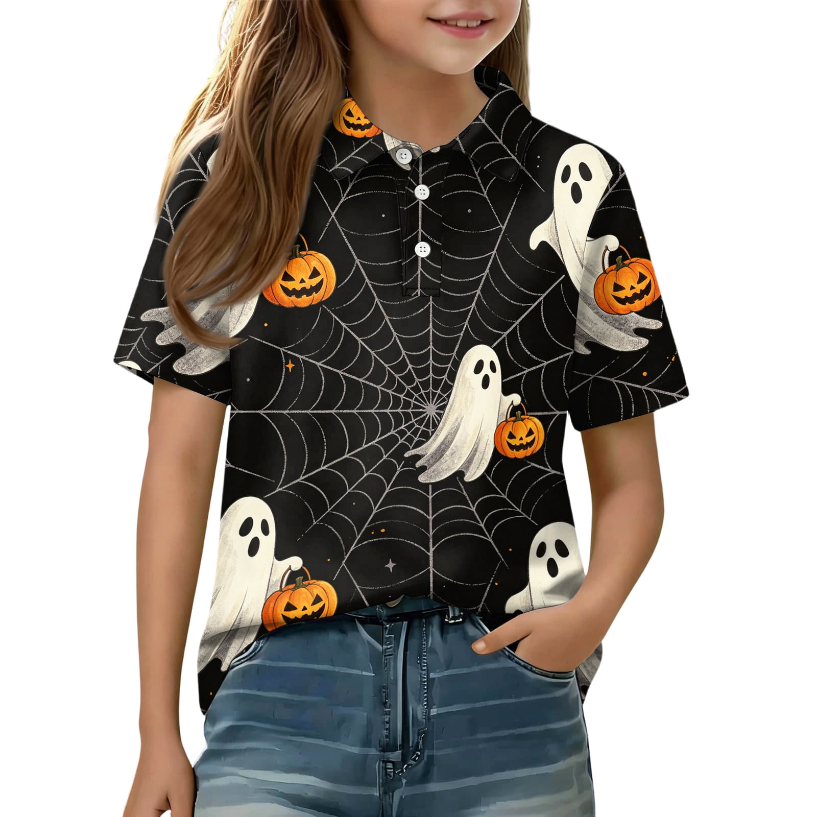 Abcomgle Halloween Polo Shirts for Girls Size 7/8 Spooky Ghost Spider ...