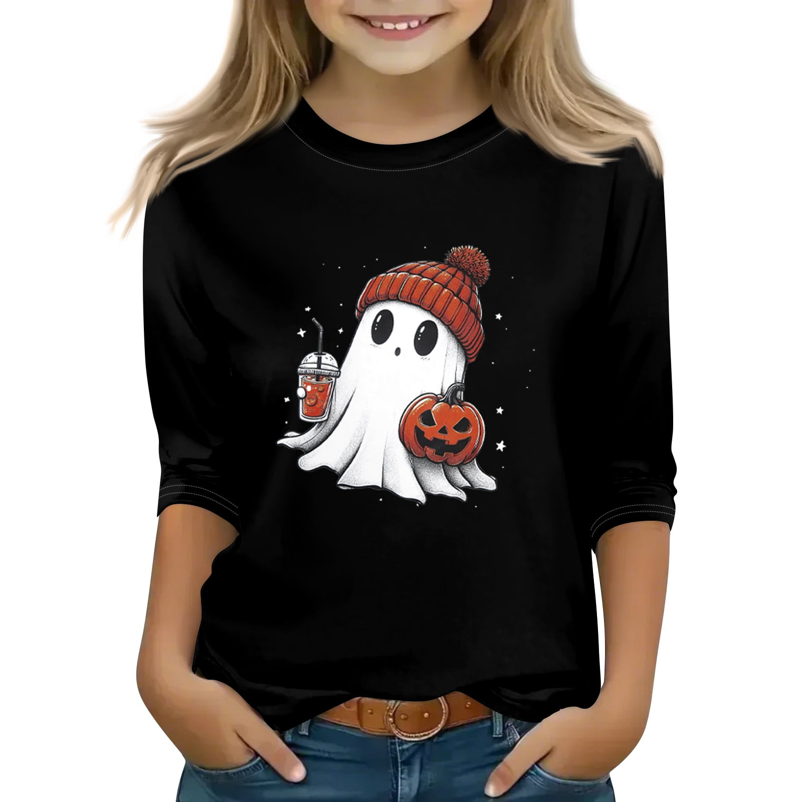 Abcomgle Halloween Shirts for Girls Size 7/8 Cute Ghost Drinking Coffee ...