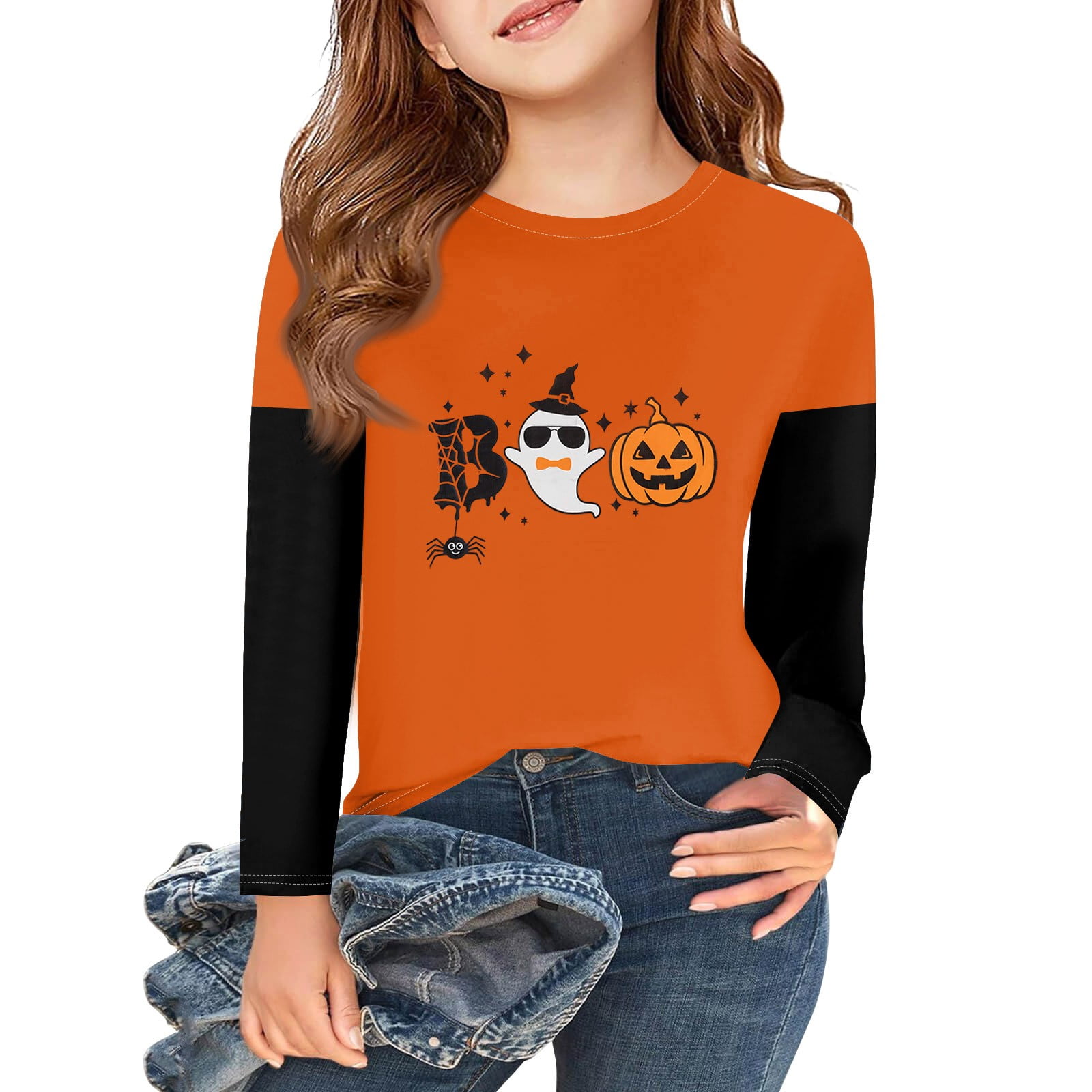 Abcomgle Halloween Shirts for Girls Spooky Ghost Boo Graphic Tshirts for Kids Crewneck Long ...