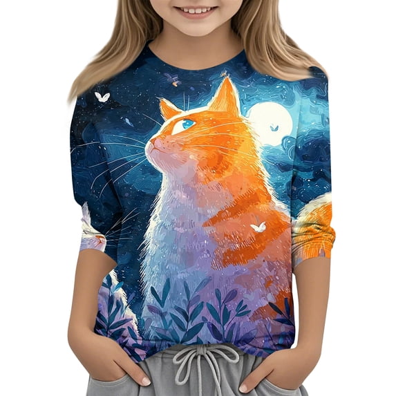 Abcomgle Kids 3/4 Sleeve Shirt Girls Casual Cat Moon Print Crewneck ...