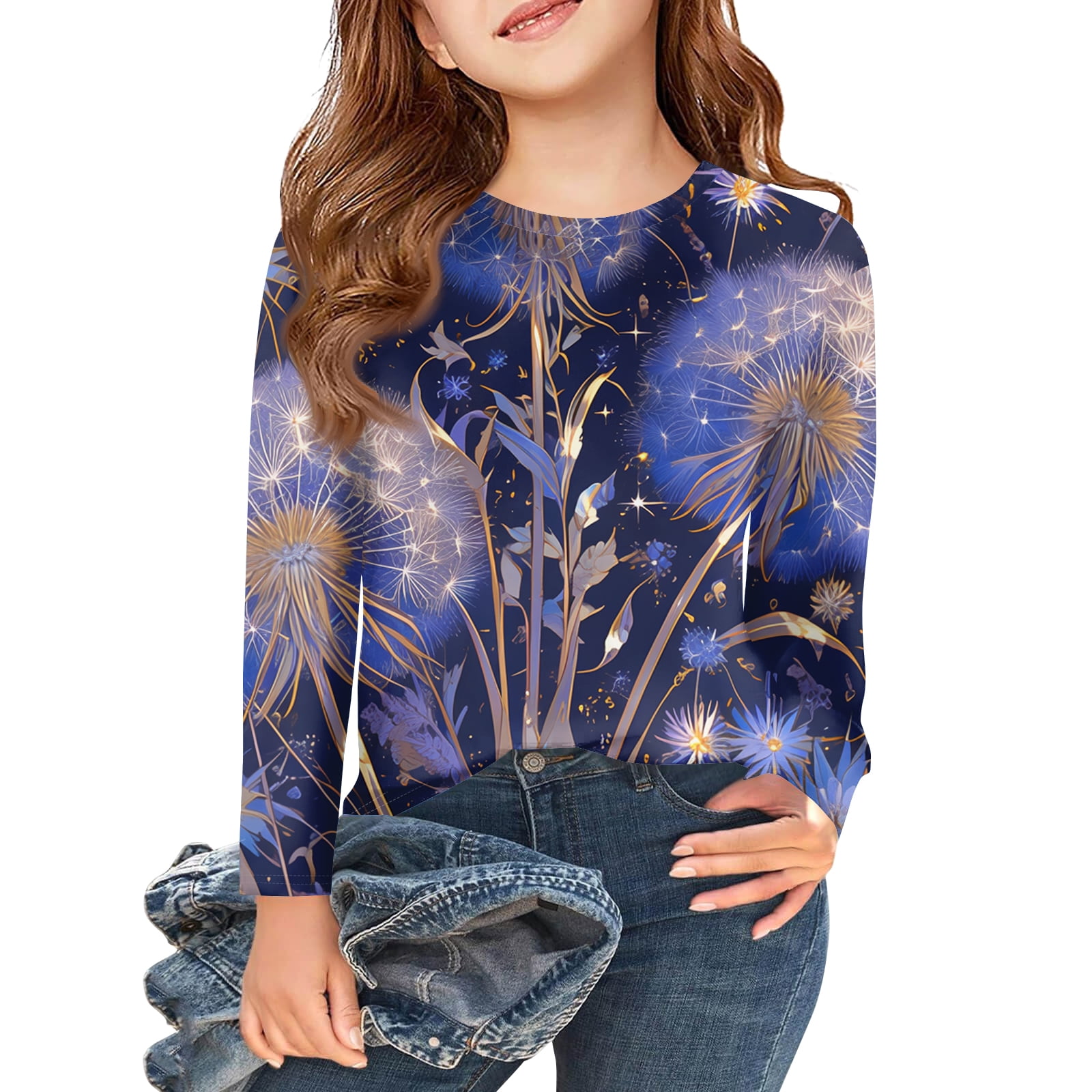 Abcomgle Kids Long Sleeve Shirt Girls 10-12 Casual Dandelion Print Crewneck Shirts for Kids ...