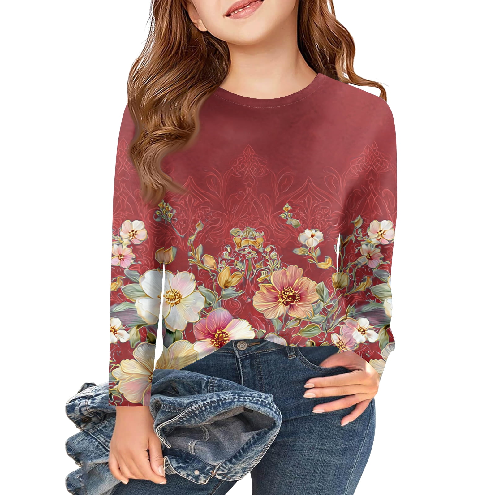 Abcomgle Kids Long Sleeve Shirt Girls 10-12 Trendy Vintage Floral Print ...