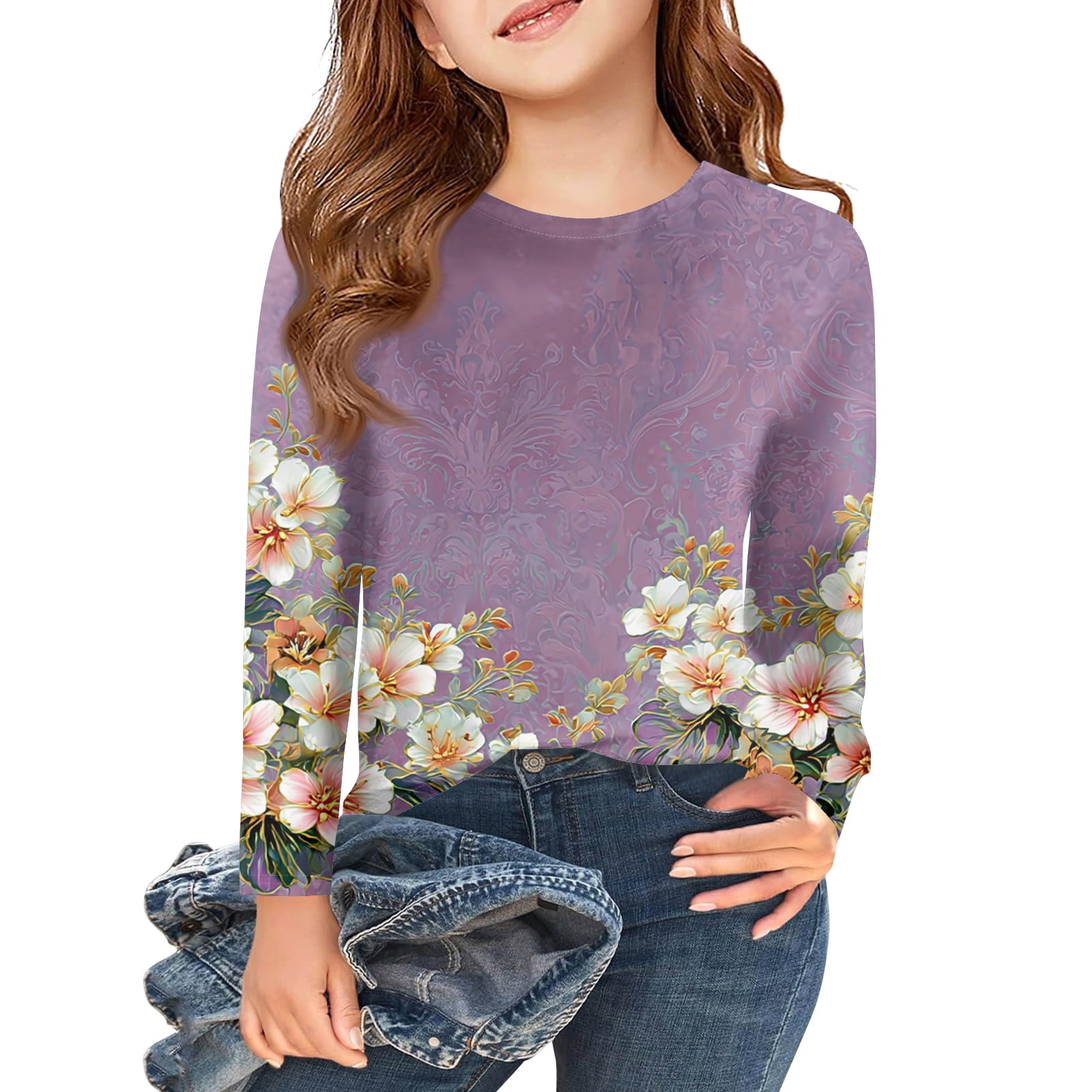 Abcomgle Kids Long Sleeve Shirt Girls 10-12 Trendy Vintage Floral Print ...