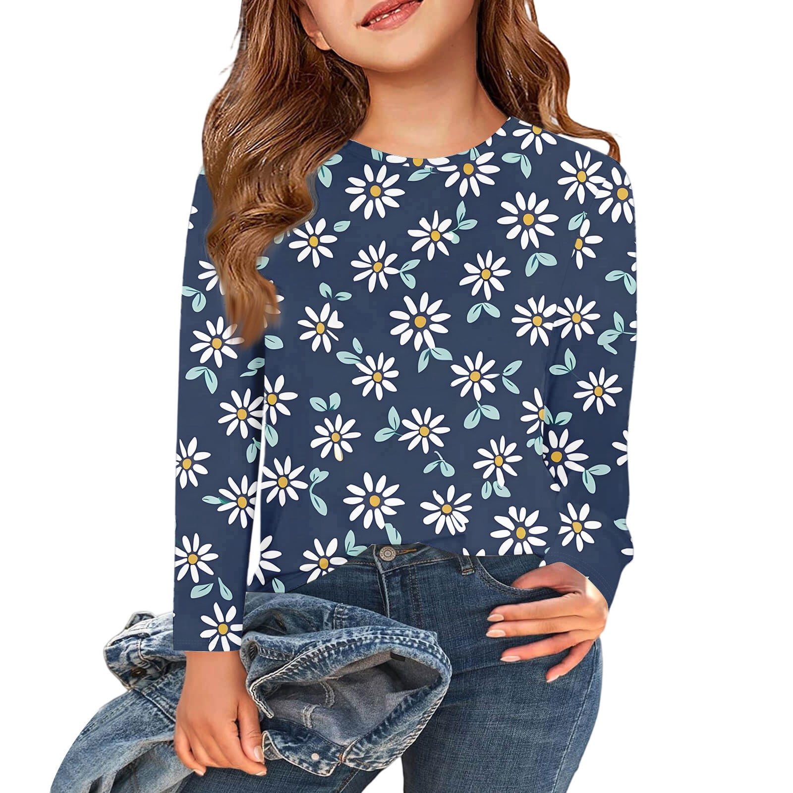 Abcomgle Kids Long Sleeve Shirt Girls Crewneck Fall Shirts for Kids Girls Trendy Basic Top for ...