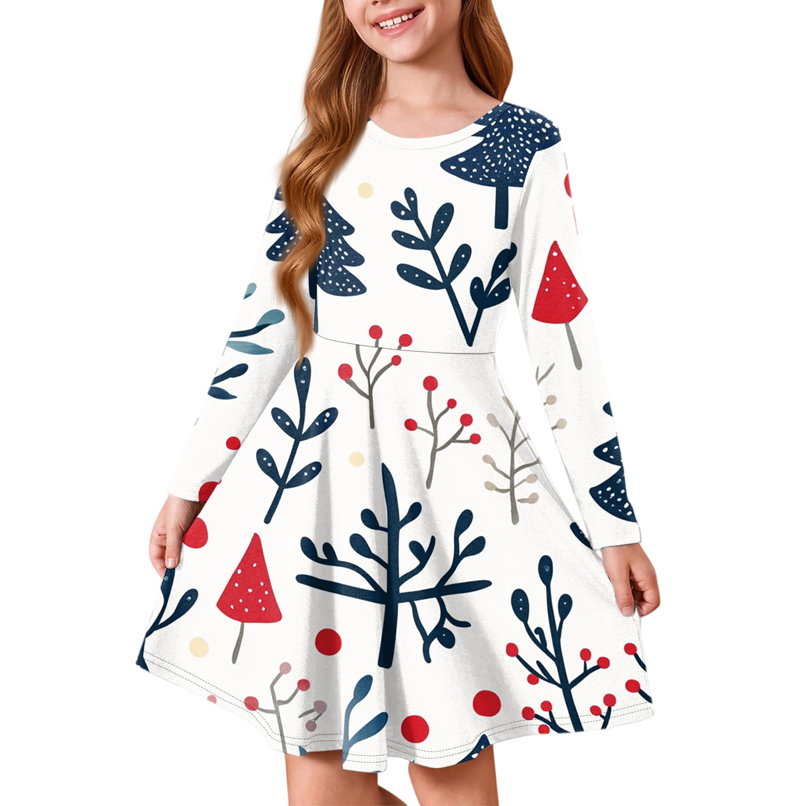 Abcomgle Little Girls Christmas Dresses Cute A-Line Long Sleeve Midi ...