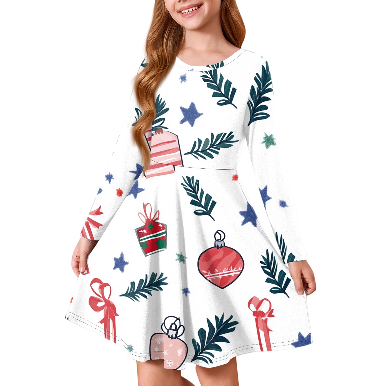 Abcomgle Little Girls Christmas Dresses Cute A-Line Long Sleeve Midi ...