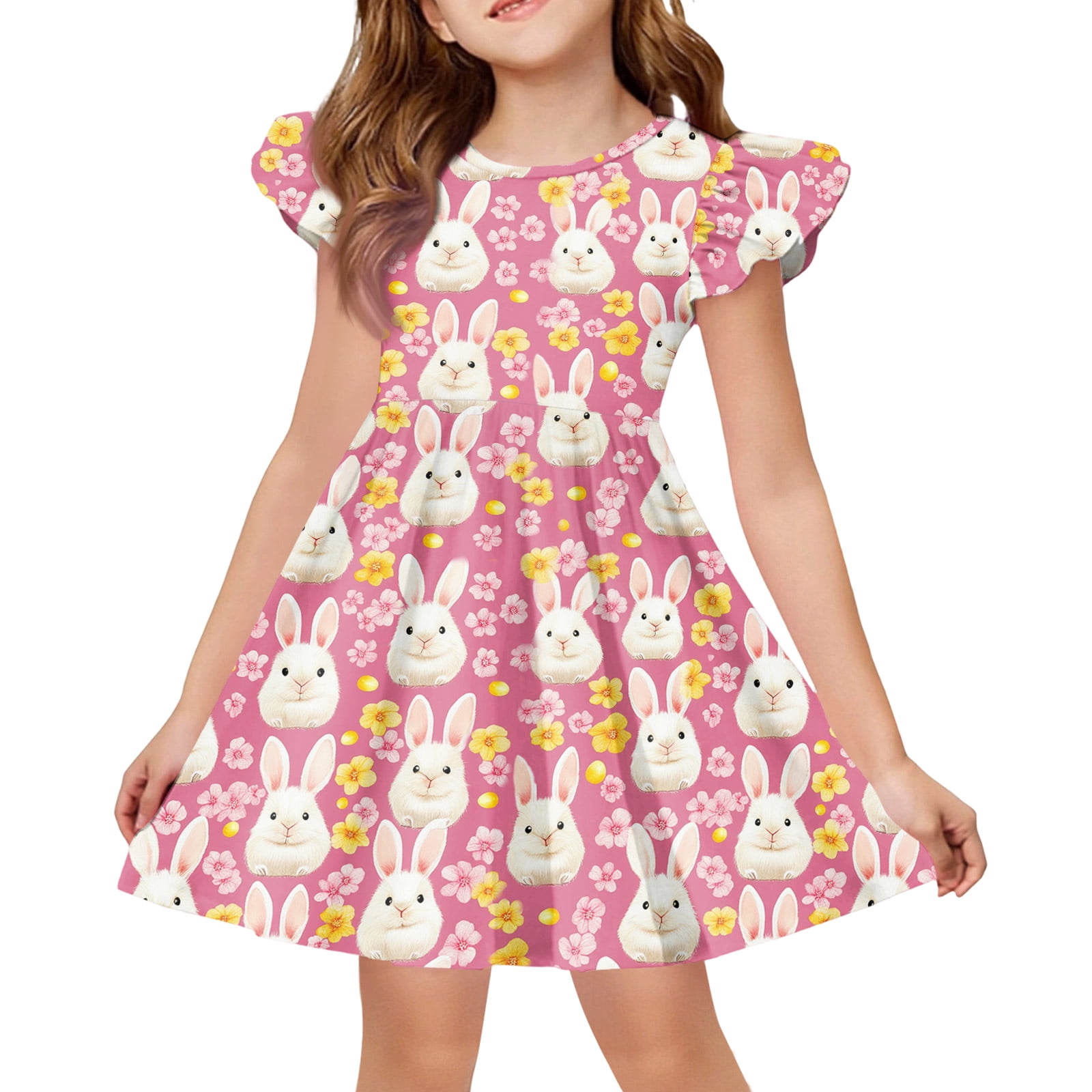 Abcomgle Little Girls Easter Dresses Cute A-Line Flutter Sleeve T Shirt ...