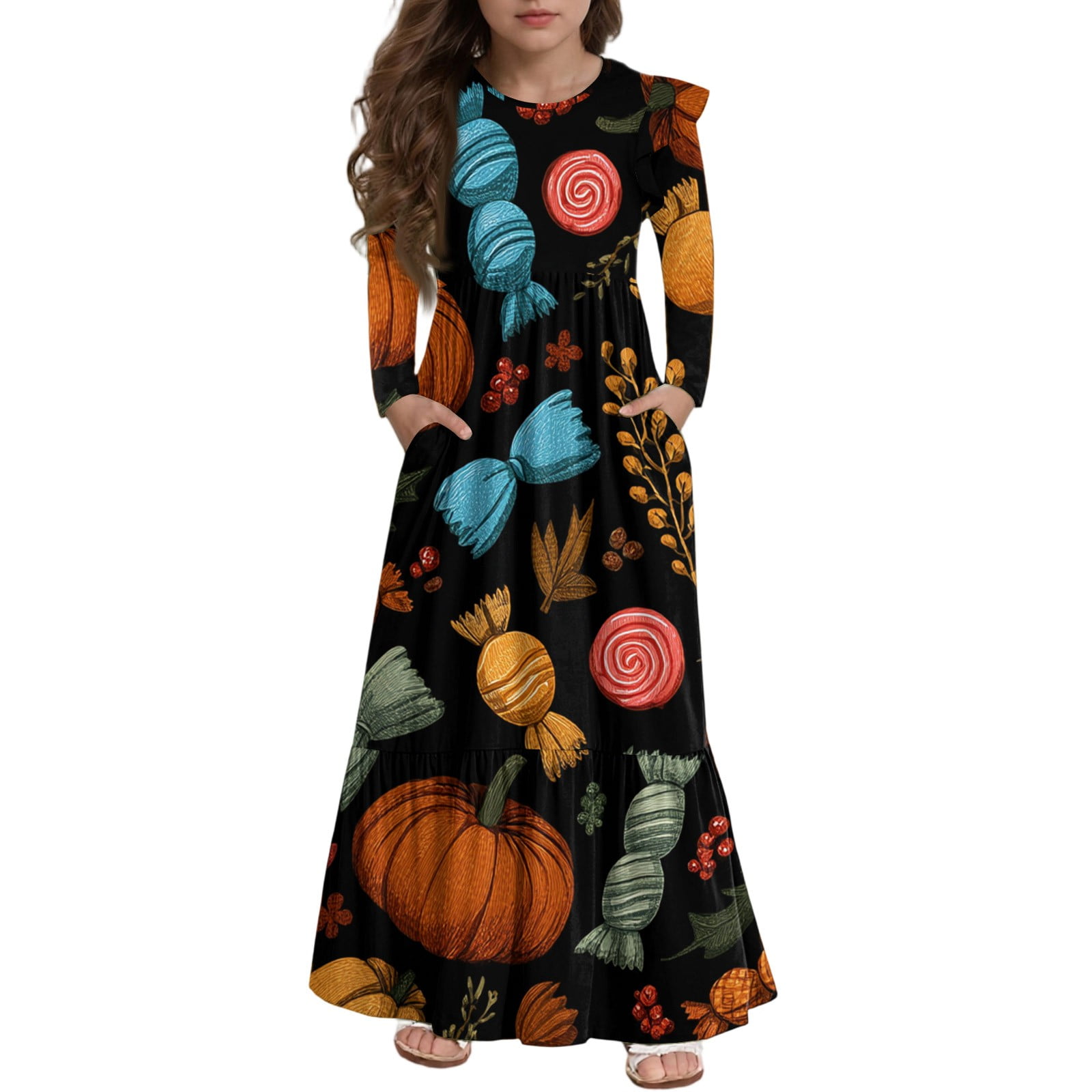 Abcomgle Little Girls Halloween Dresses Cute A-Line Ruffle Long Sleeve ...