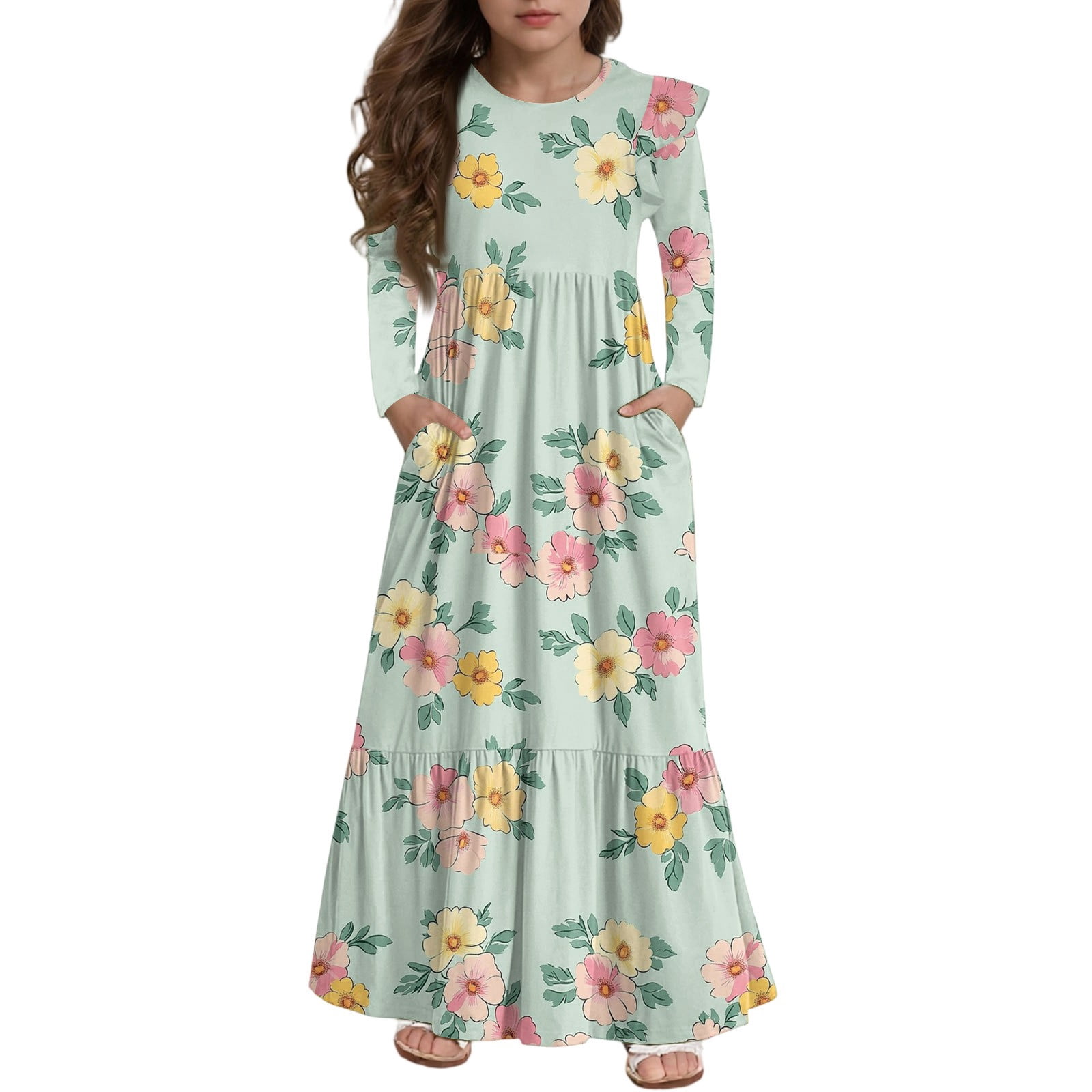 Abcomgle Long Dresses for Girls 12-14 Casual A-Line Ruffle Long Sleeve ...