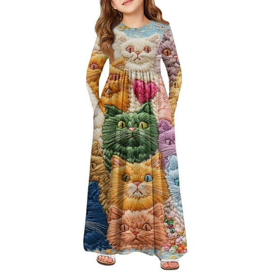 Abcomgle Long Sleeve Dress Girls 7-8 Cats&Dogs Print Valentines Maxi ...