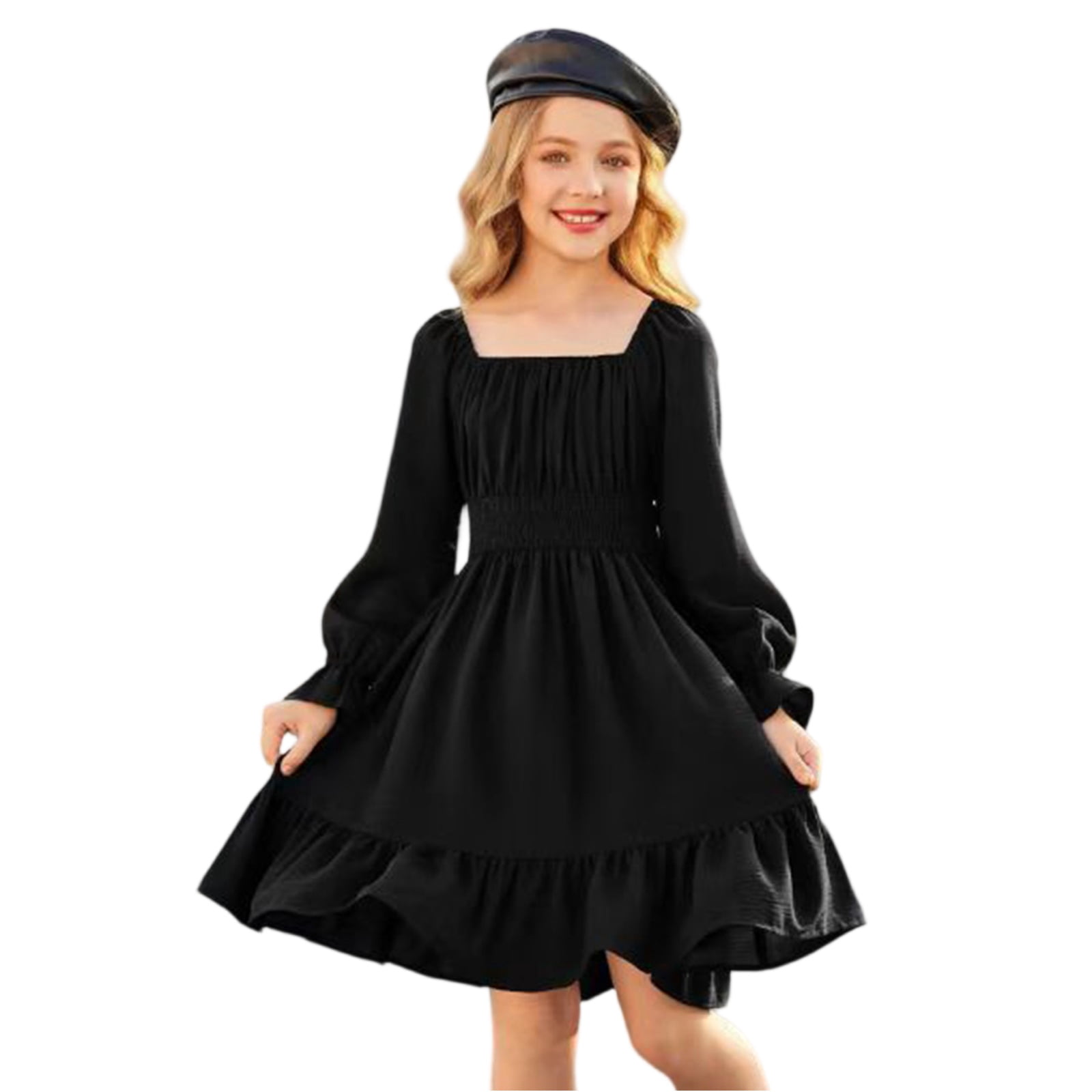 Abcomgle Long Sleeve Dress girls 10-12 Ruffle Smocked Puff Sleeve Dress ...