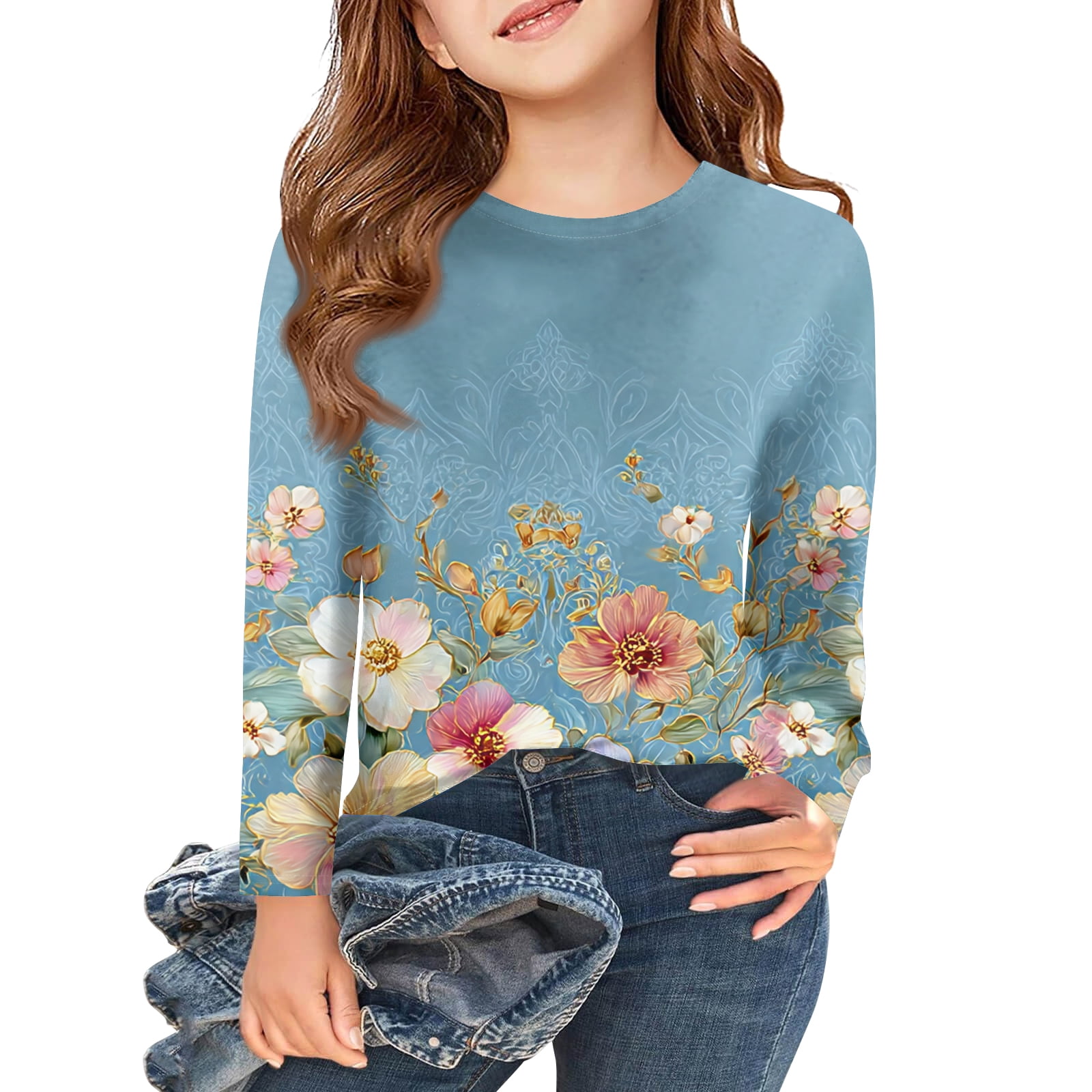 Abcomgle Long Sleeve Shirts for Girls 10-12 Crewneck Winter T-Shirts ...