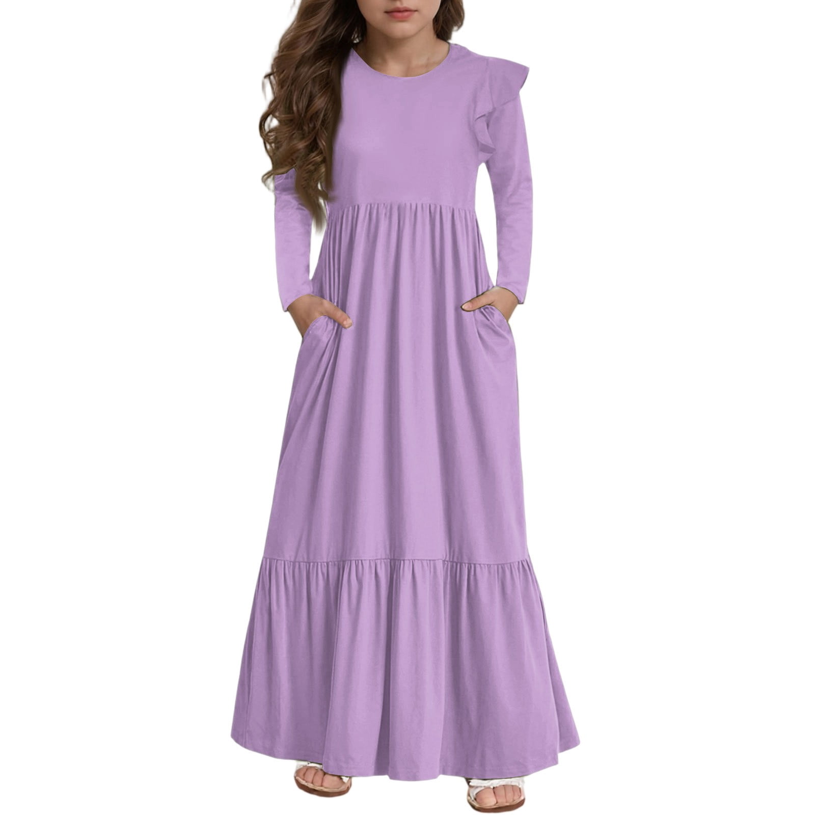 Abcomgle Maxi Dresses for Girls 10-12 Casual A-Line Ruffle Long Sleeve ...