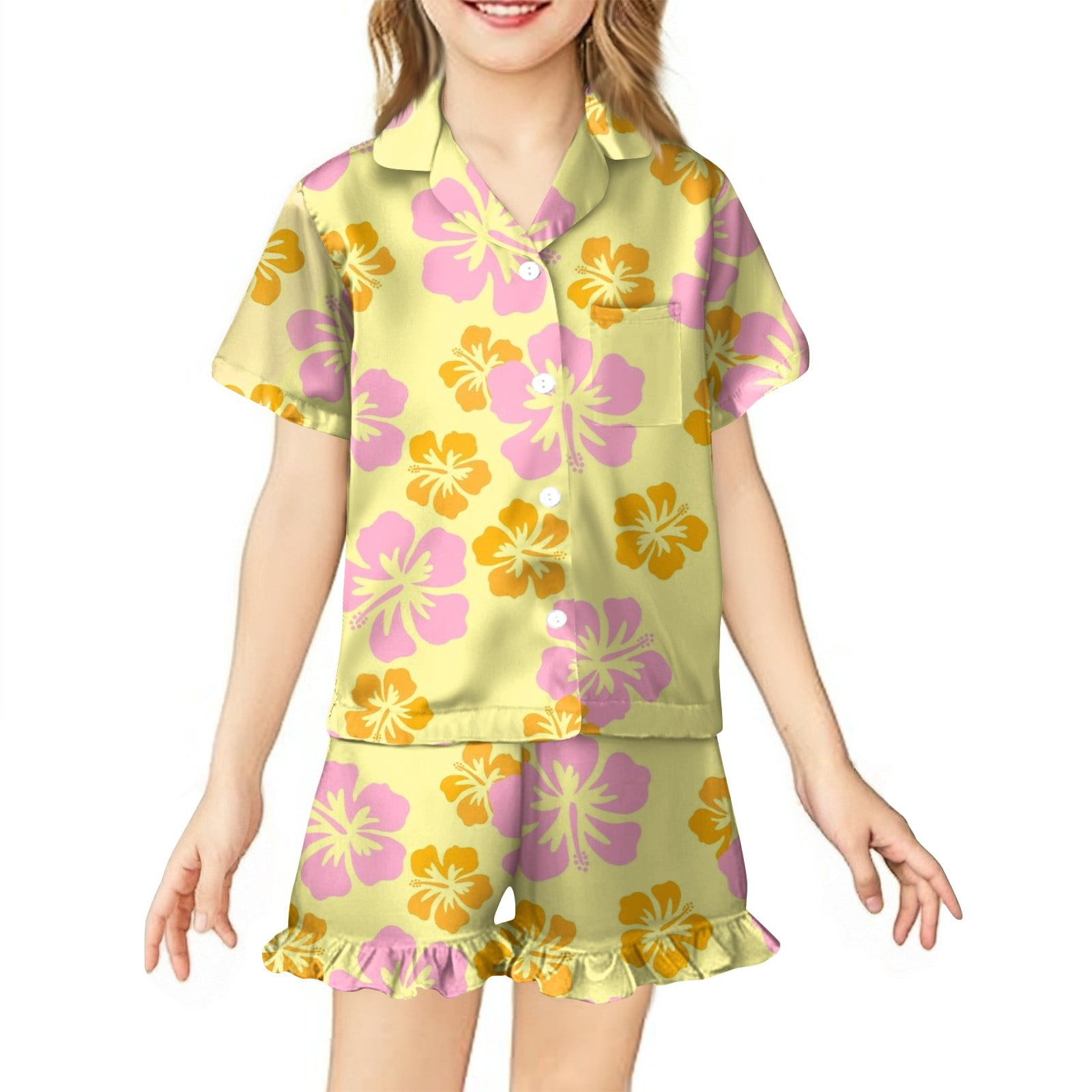 Abcomgle Pajamas for Girls 7-8 Pink Puff Flower Print Girls Pj Set Silk ...