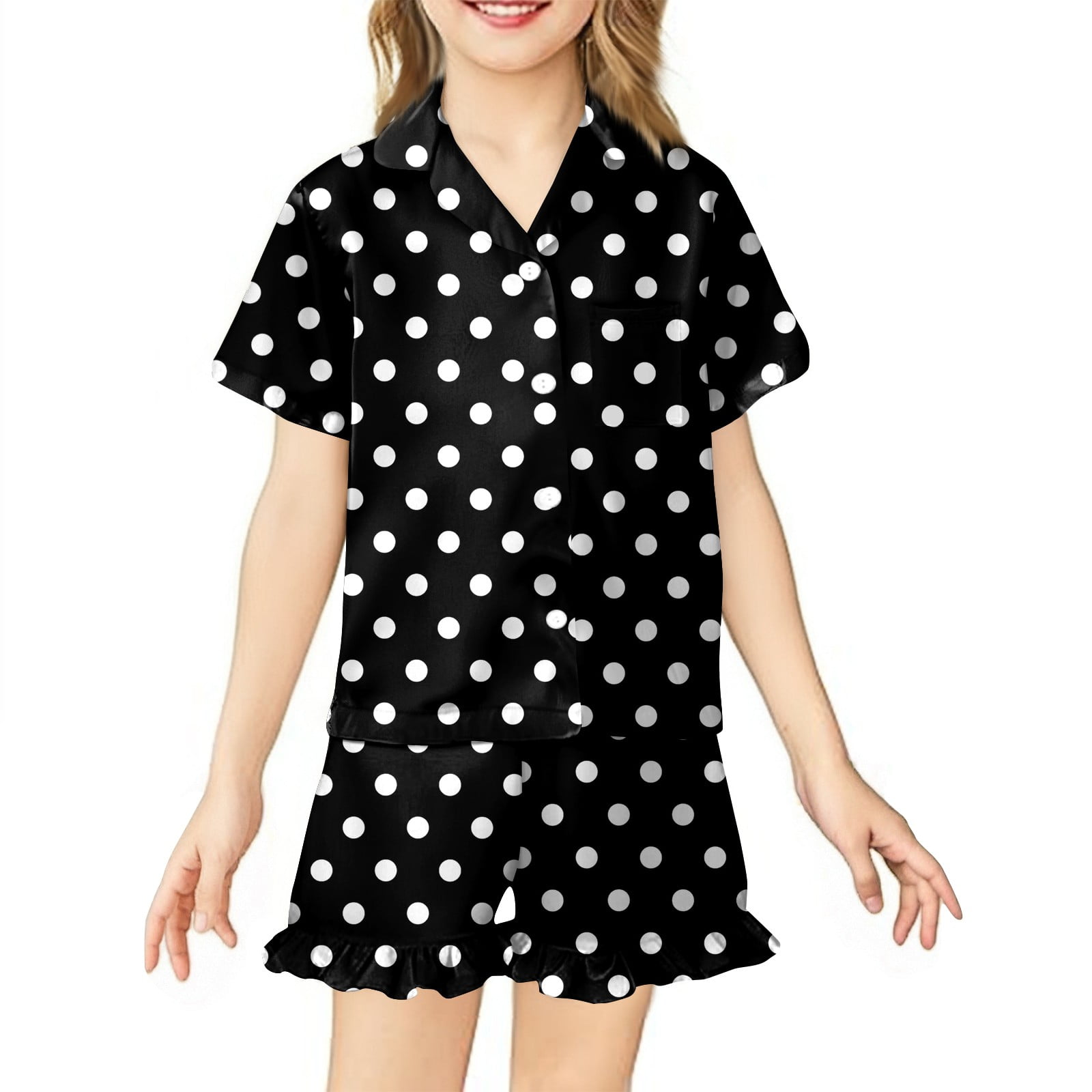 Abcomgle Pajamas for Kids Girls Polka Dot Print Girls Short Sets Silk ...