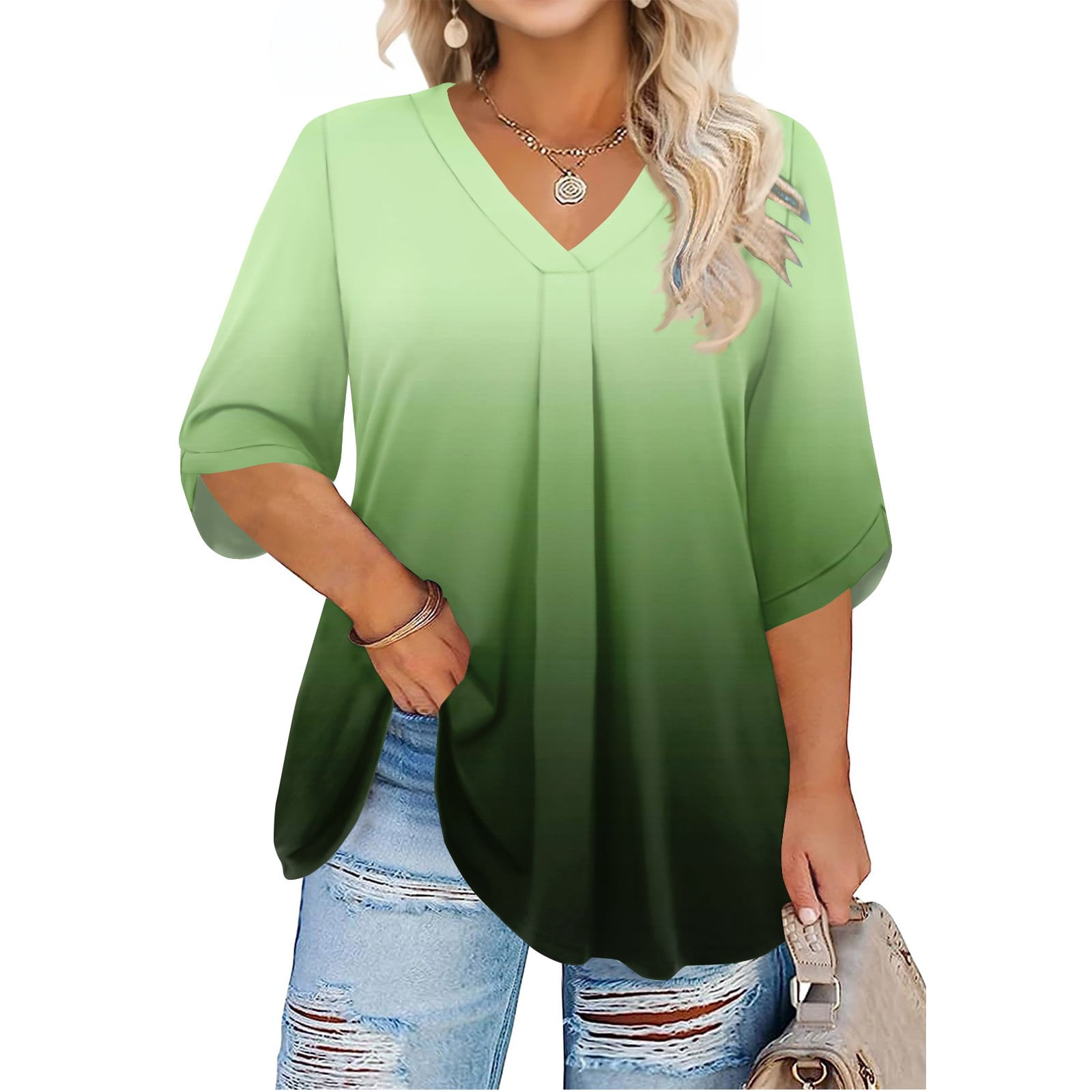 Abcomgle Plus Size T Shirts for Women Pleat Hem Casual Sexy Tunic V ...